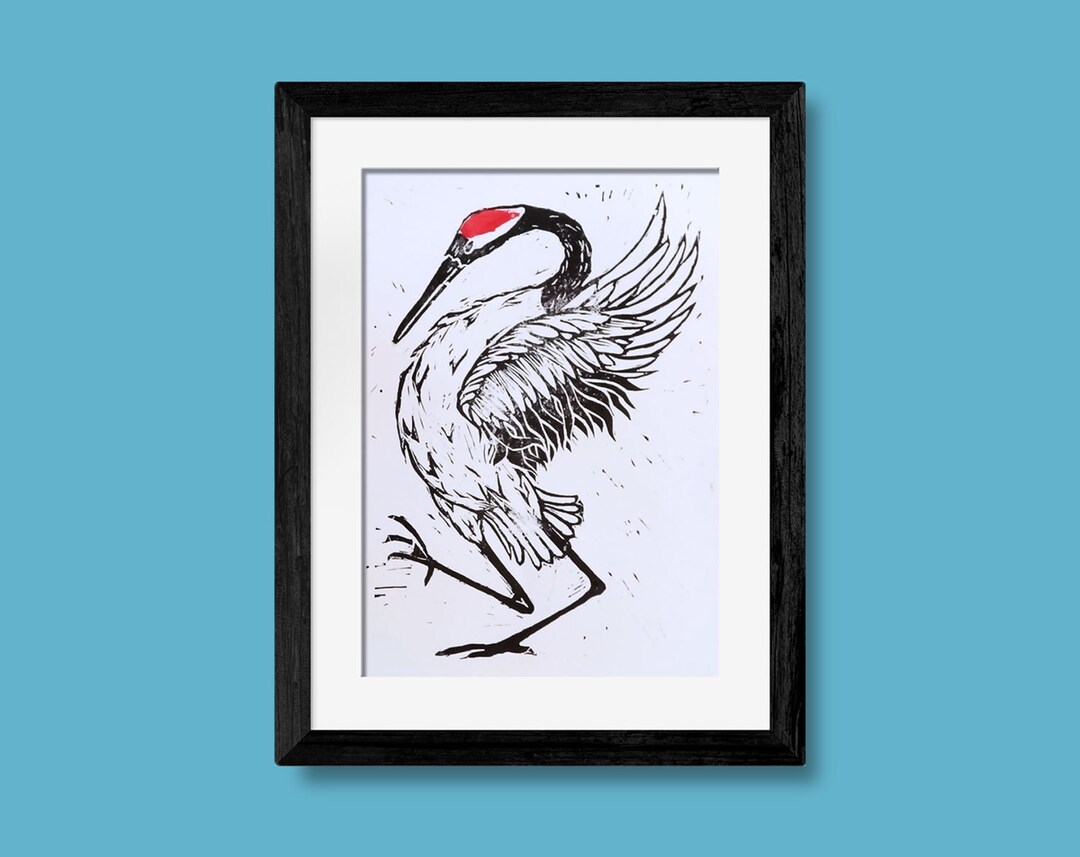 Japanese Crane - Linocut - A5 Size Card - Etsy