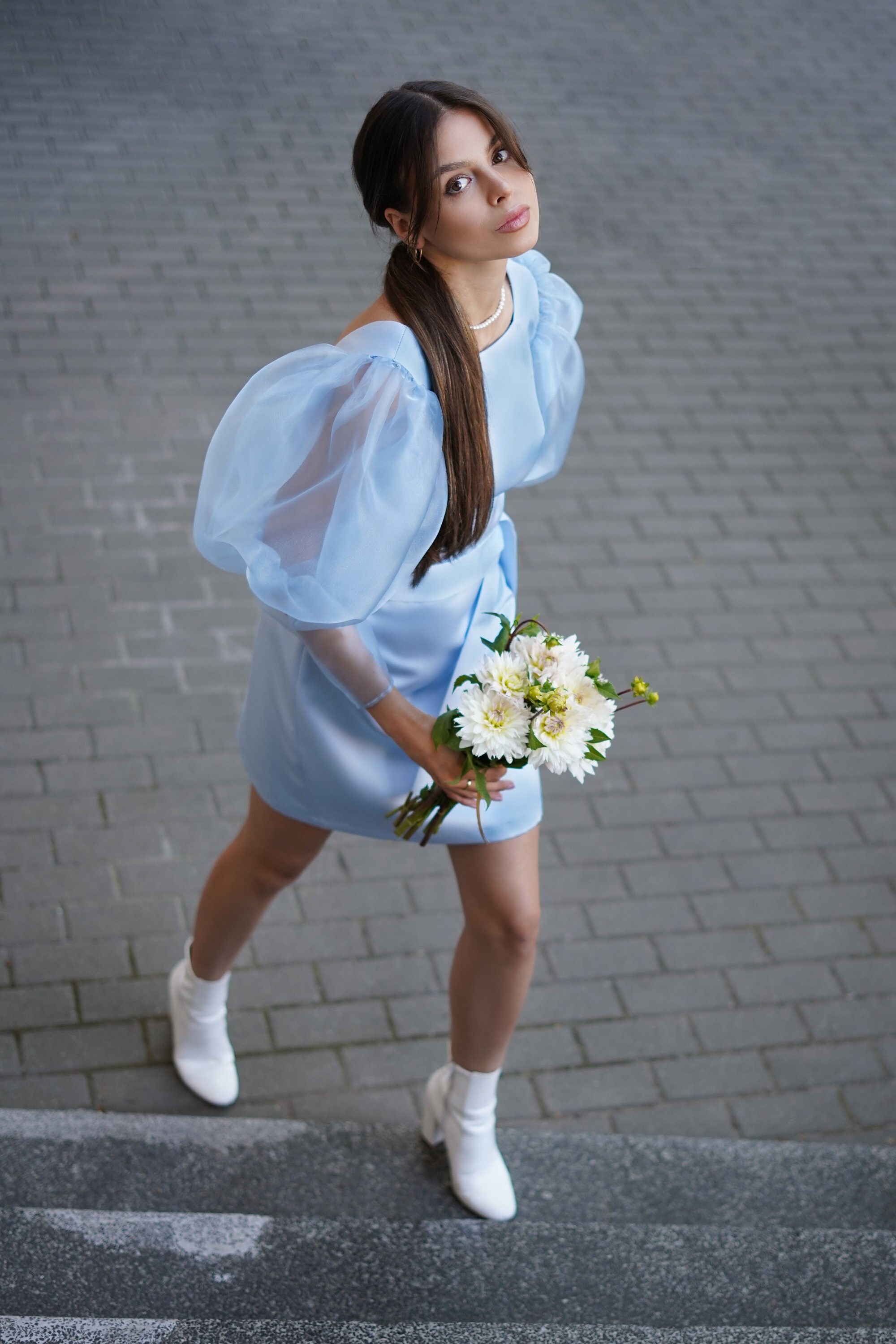 Ocean Blue Tulle Dress, Puff Tulle Sleeved Short Dress, Cocktail Dress ...