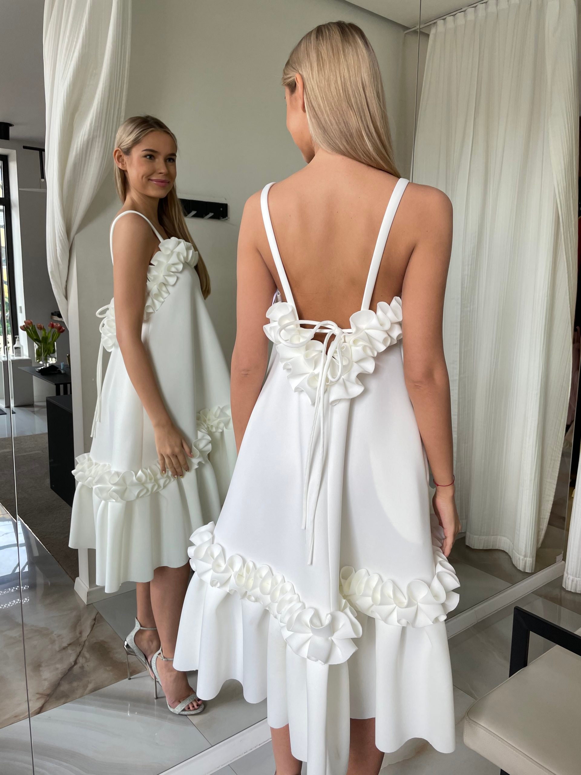 Backless Ruffle Dress Midi Wedding Dress White Cocktail - Etsy