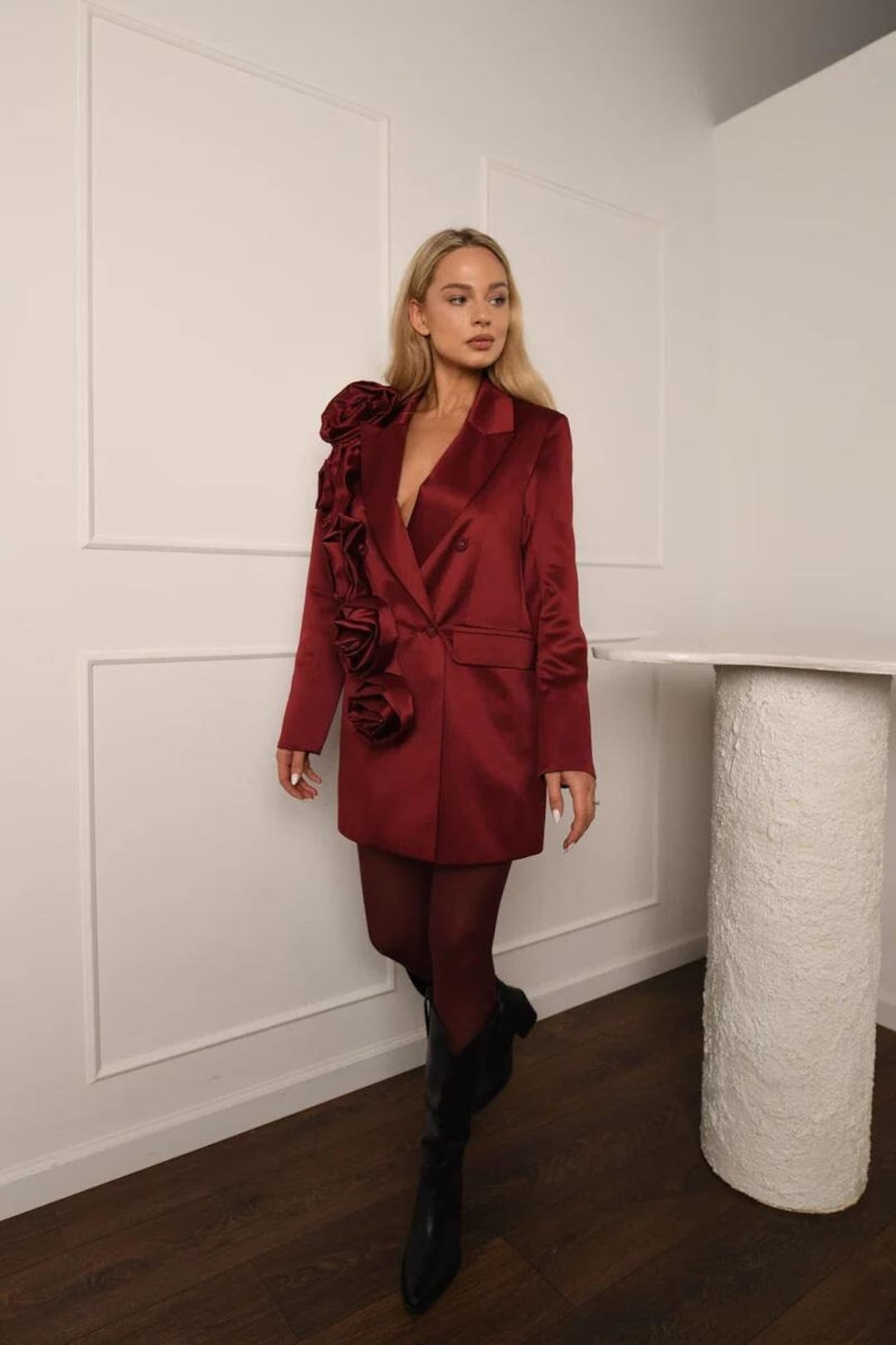 Elegant Wine Red Satin Blazer Dress With Statement Floral Detailing ...