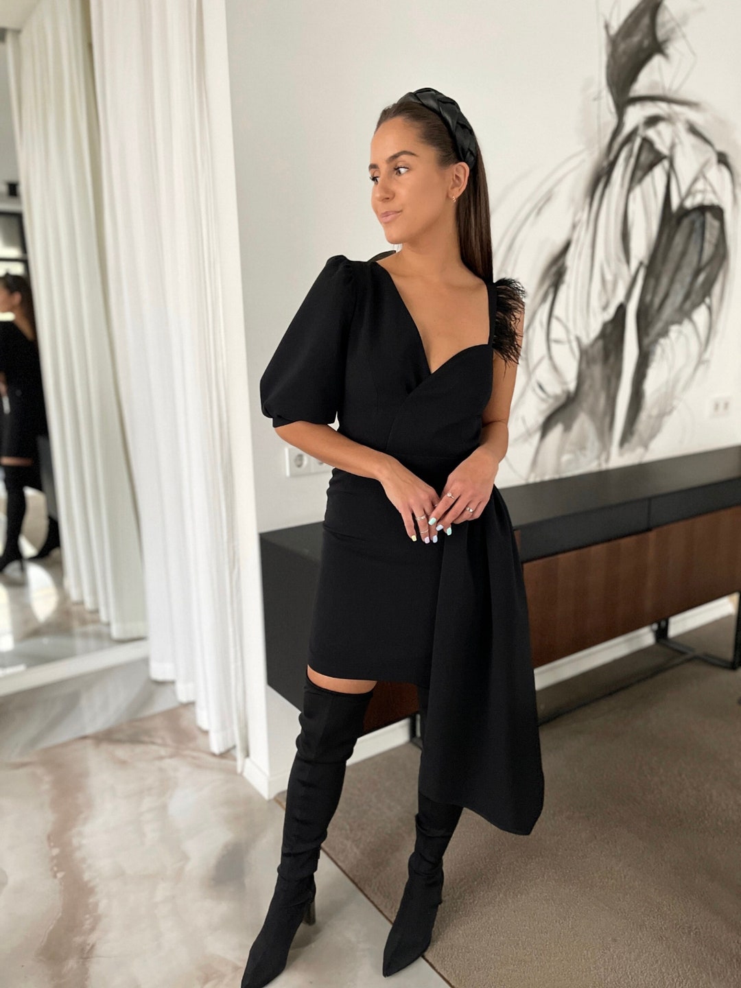 One Sleeve Dress, Party Dress, Black Dress, Dress With One Sided Skirt ...