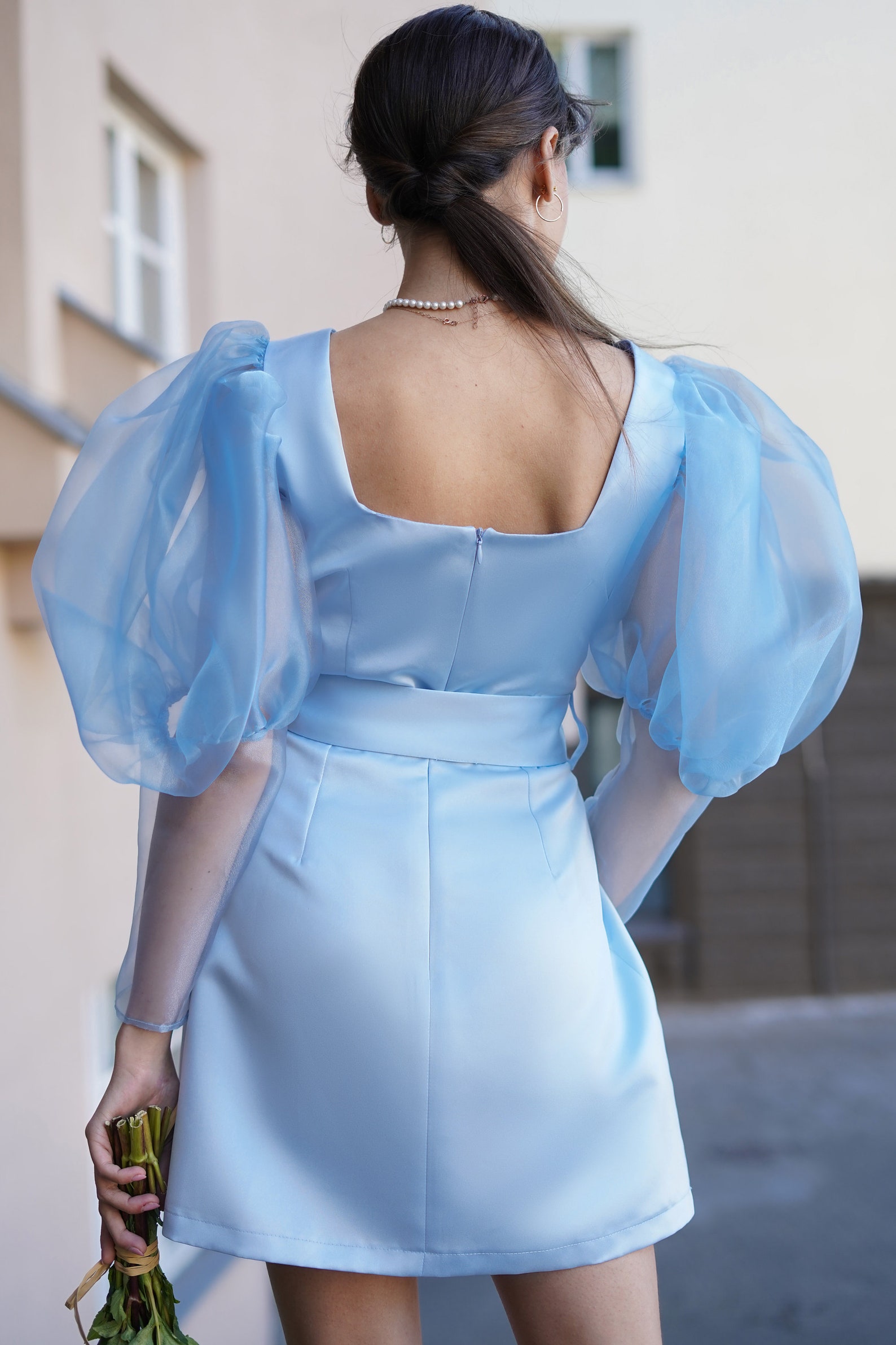 Ocean Blue Tulle Dress, Puff Tulle Sleeved Short Dress, Cocktail Dress ...