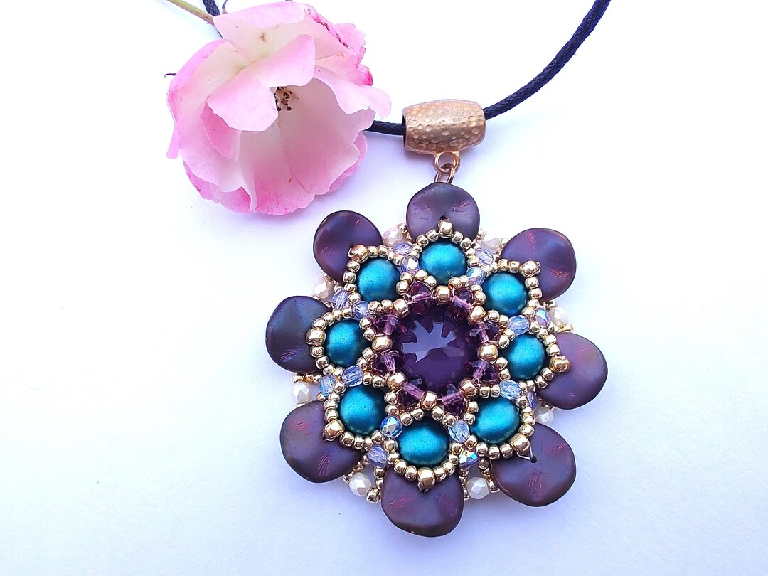 Paloma Flower-shaped Pendant Made of Glass and Seed Beads, Swarovski ...