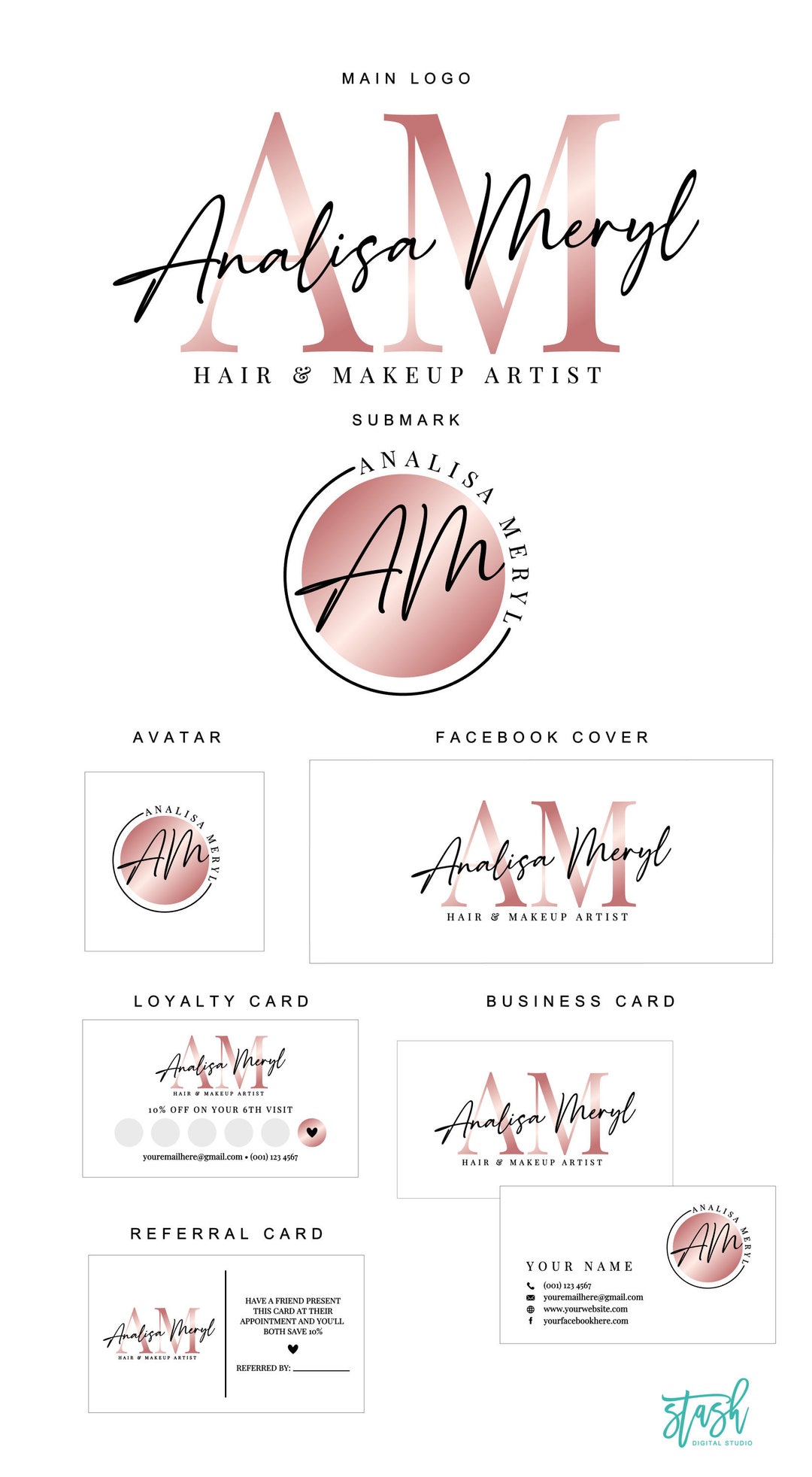 Rose Gold Makeup Logo Makeup Artist Logo Hair Stylist Logo Rose Gold ...