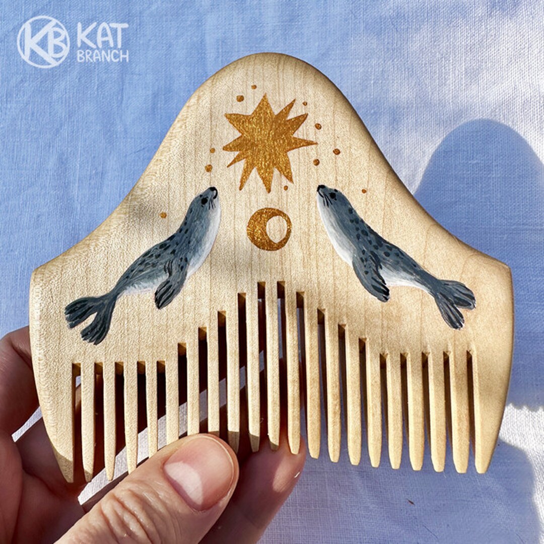 Natural Wooden Travel Comb With Seal, Unique Rare, Hand-drawing, Lady ...