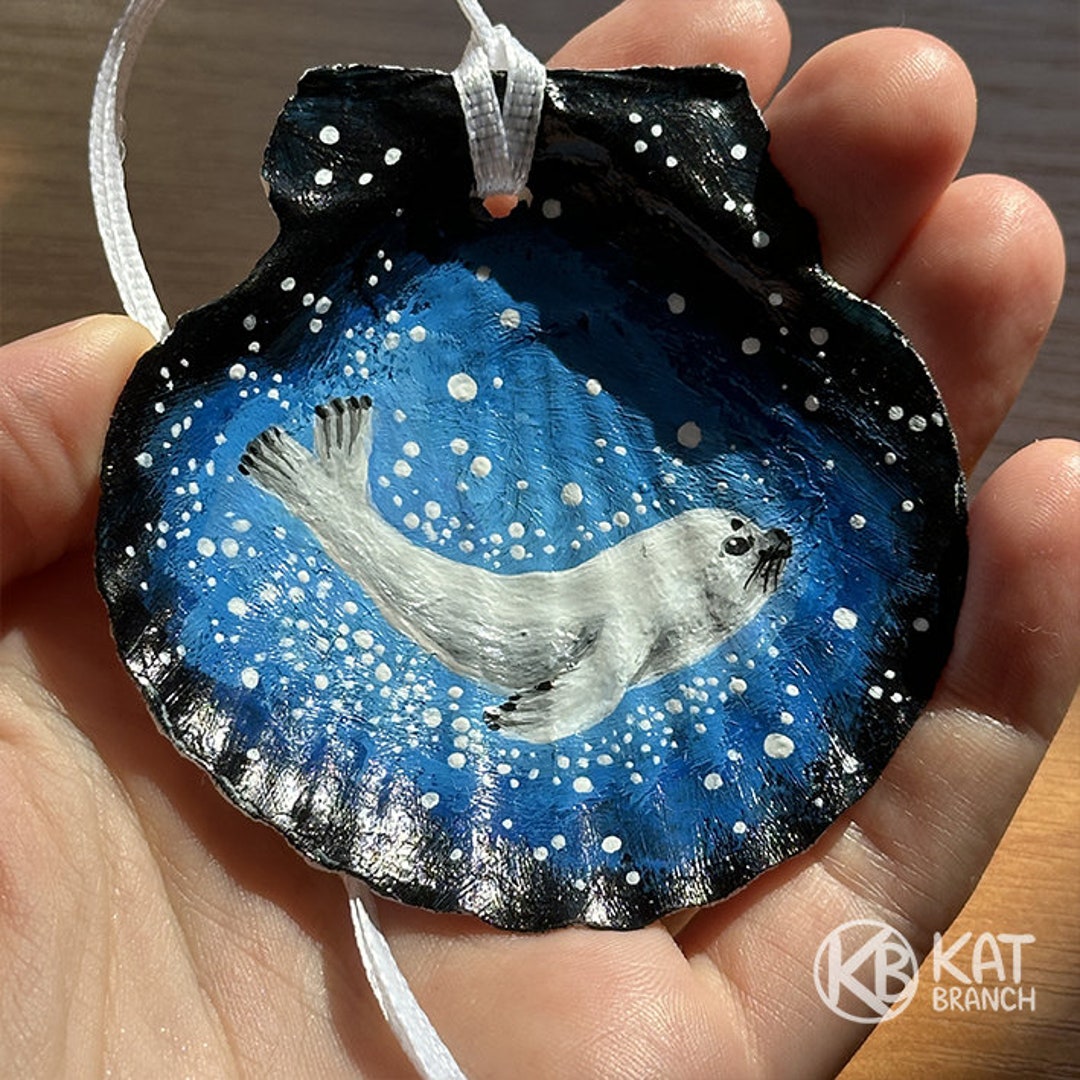 Hand-painted Seal Scallop Shell Ornament: Acrylic Animal Art - Etsy