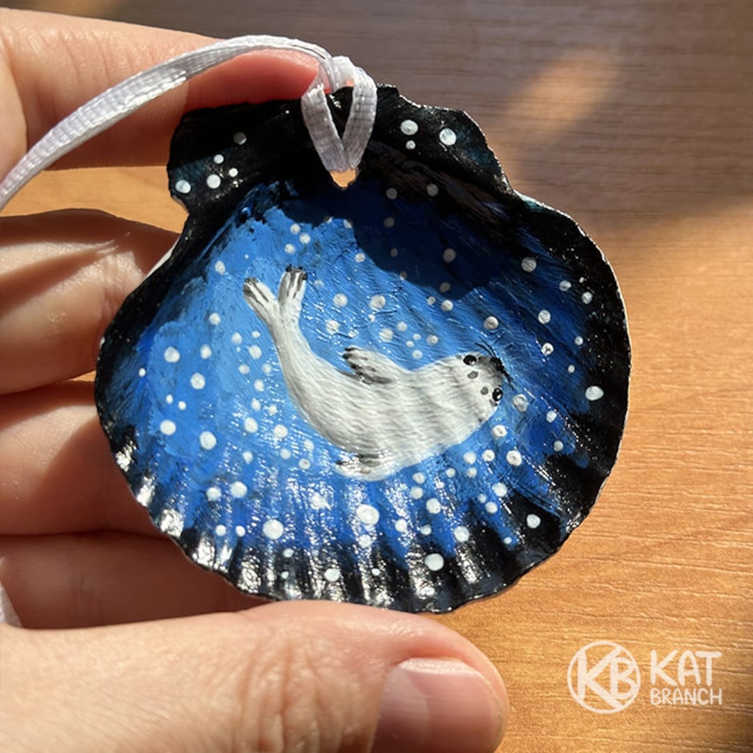 Hand-painted Seal Scallop Shell Ornament: Acrylic Animal Art - Etsy