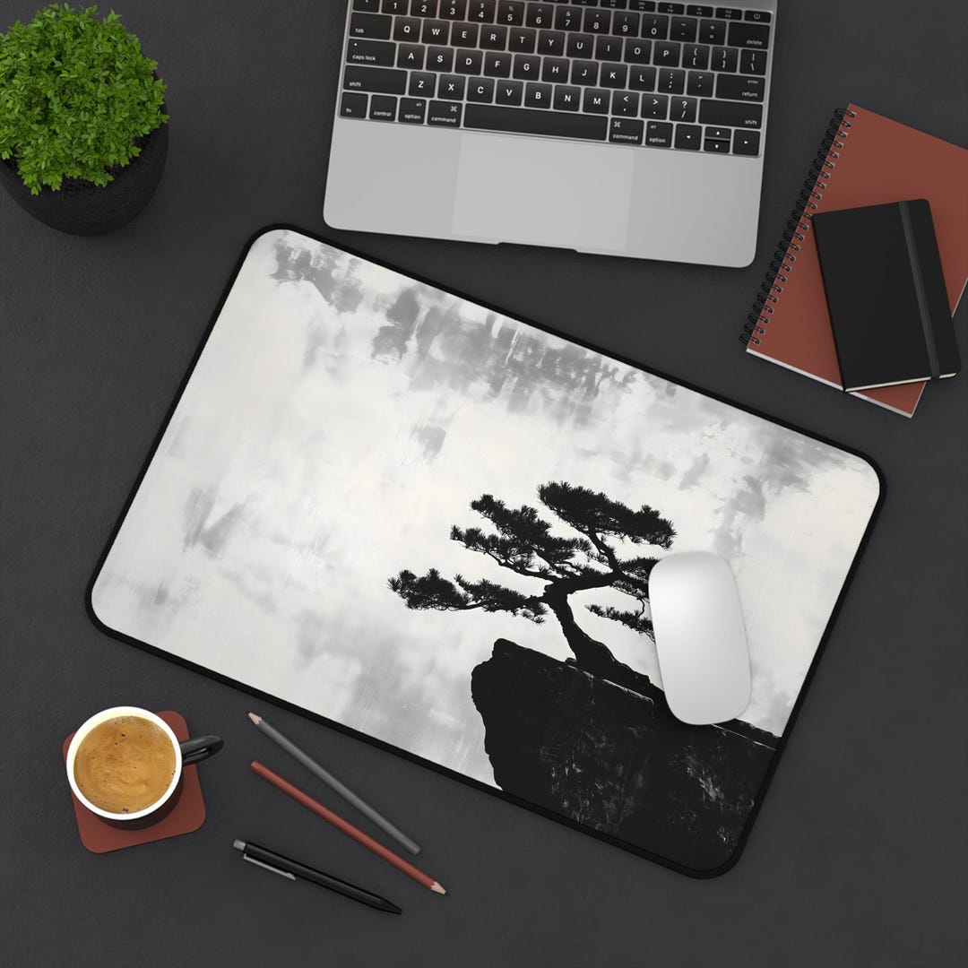 Zen Bonsai Desk Mat Minimalist Japanese Monochrome Tree Design Desk Pad ...