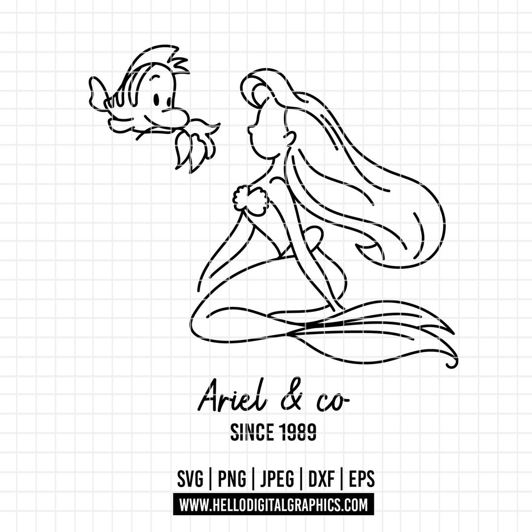 65 - Princess Ariel Outline SVG, EPS, PNG - Disneyy Little Mermaid ...