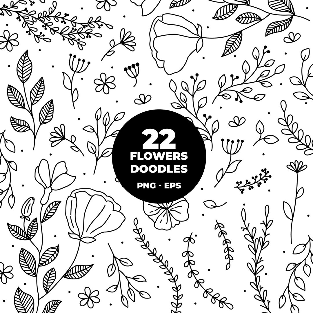 1245 Doodle Flower Clipart, Leaves, Flowers, Doodle Clipart, Botanical ...