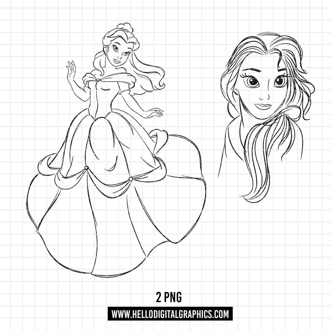 1690 - Disneyy Princess Belle Sketch Pack Bundle PNG - Belle Outline ...