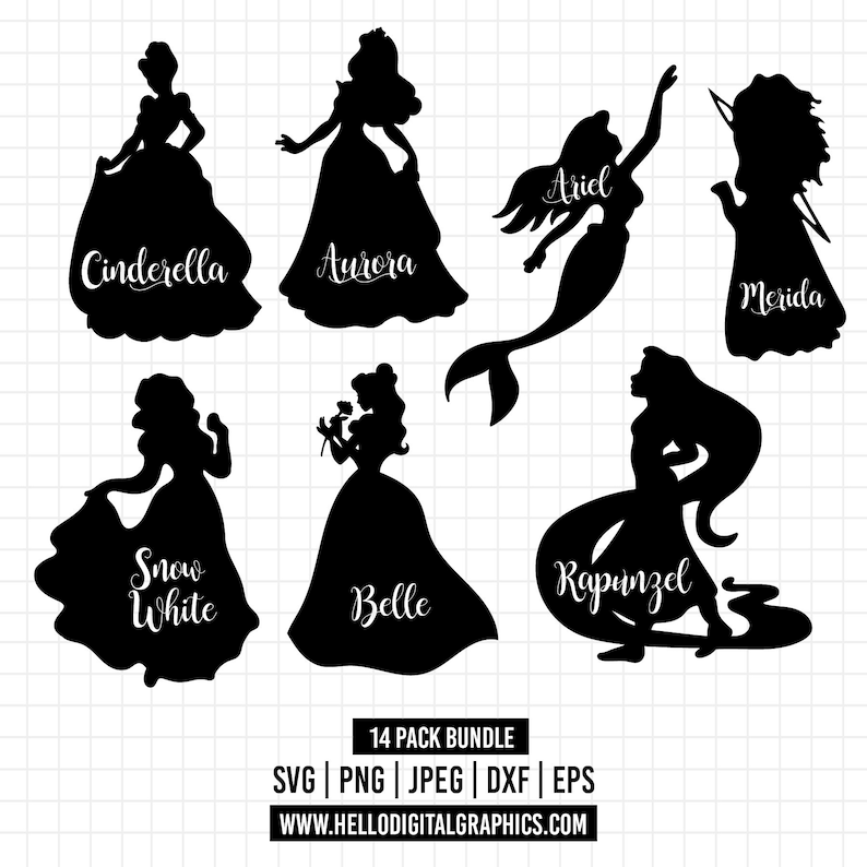 1251 Paquete de silueta de princesa svg, Blancanieves SVG, Princesa SVG ...