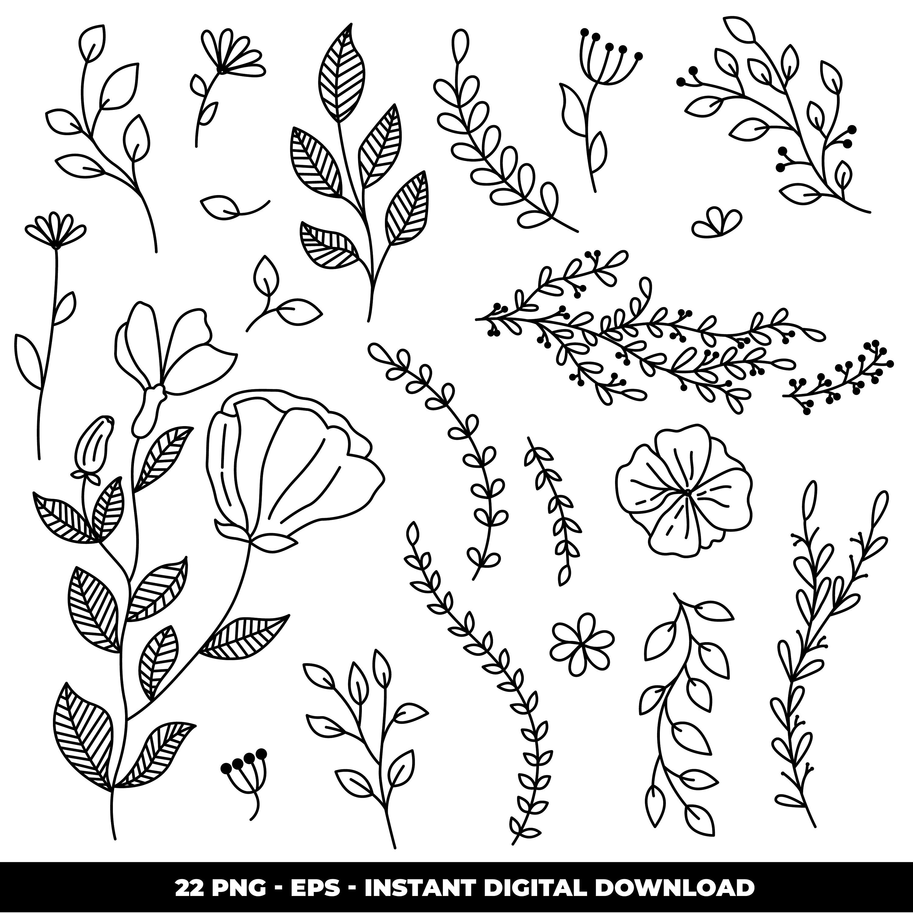 1245 Doodle Flower Clipart, Leaves, Flowers, Doodle Clipart, Botanical ...