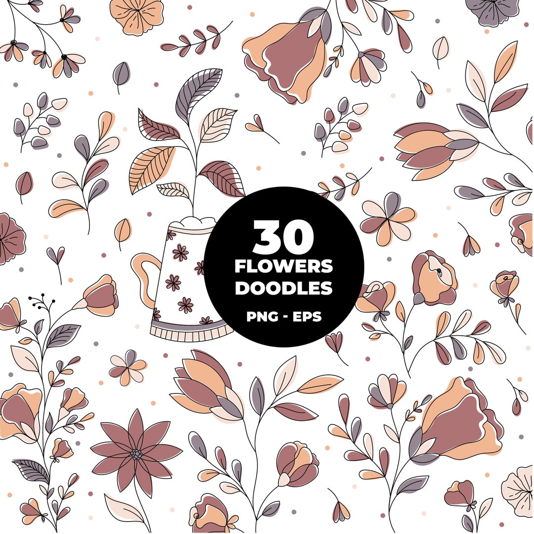 COD70 Doodle Flower Clipart, Leaves, Flowers, Doodle Clipart, Botanical ...