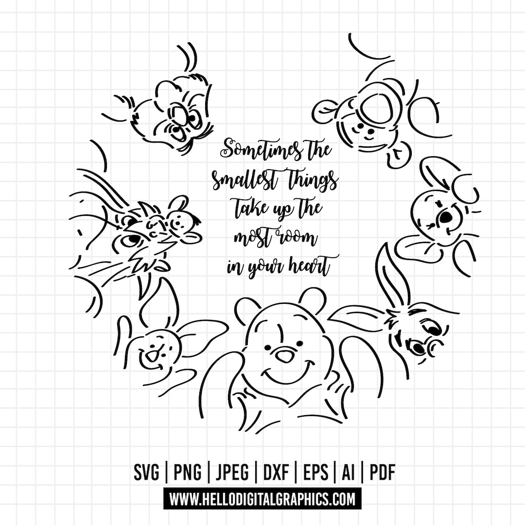 1096 - Winnie the Pooh and Friends in Circle With Quote Line Art Svg ...