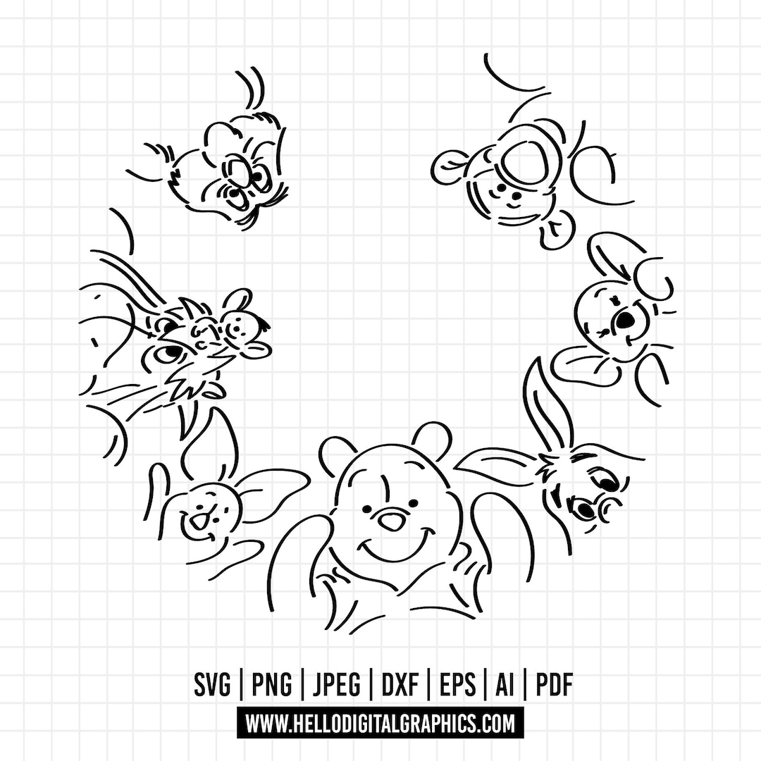 1067 - Winnie the Pooh and Friends in Circle Line Art Svg, Eps, Jpeg ...