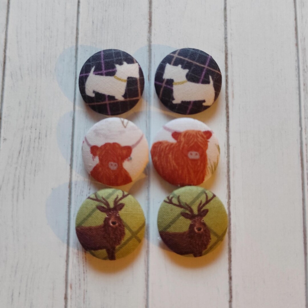 Scottish Fabric Buttons, Highland Cow, Stag, Scotty Dog, Thistle (28mm ...