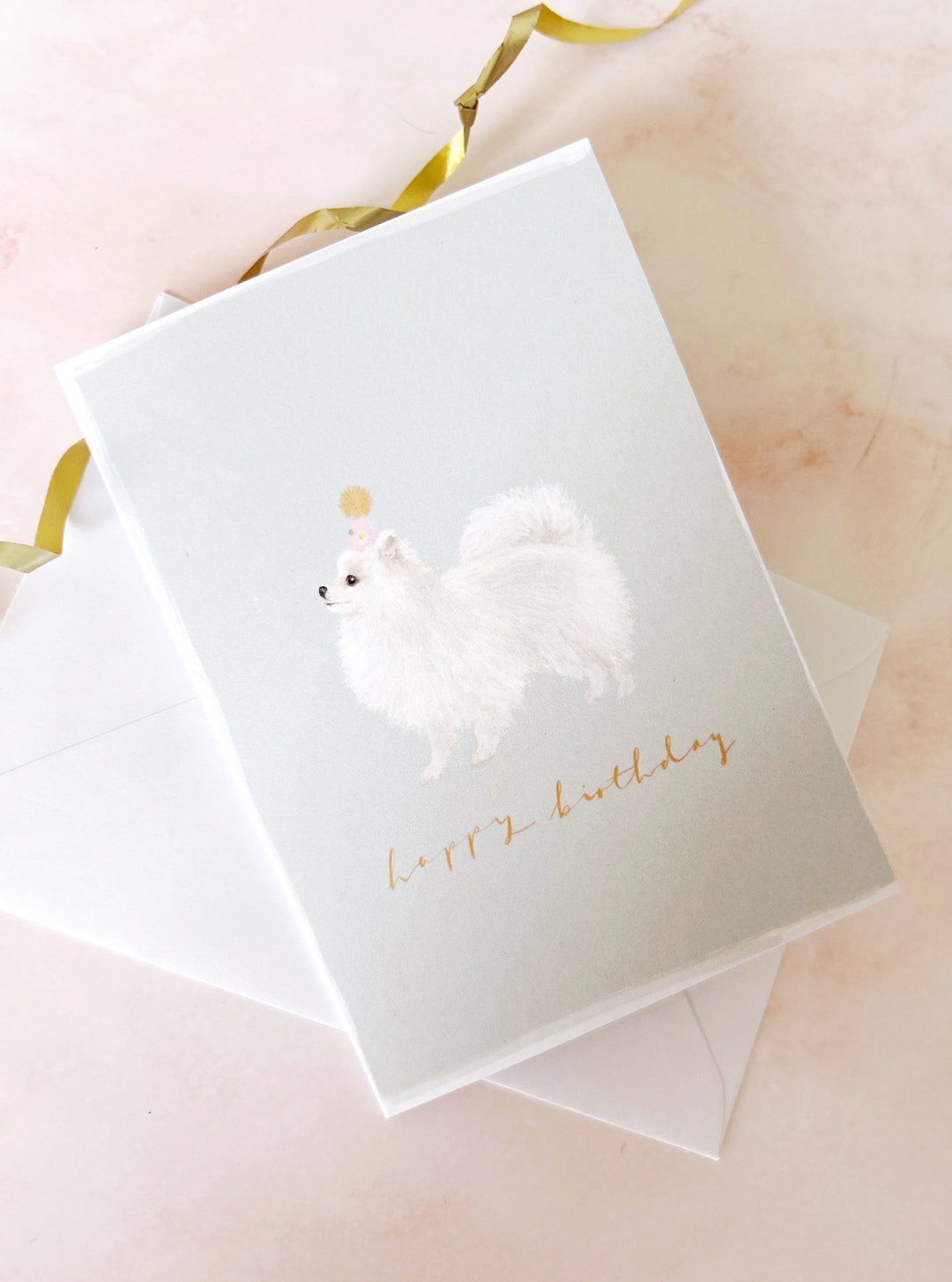 White Pomeranian Birthday Card Pomeranian Dog Illustration Greetings ...