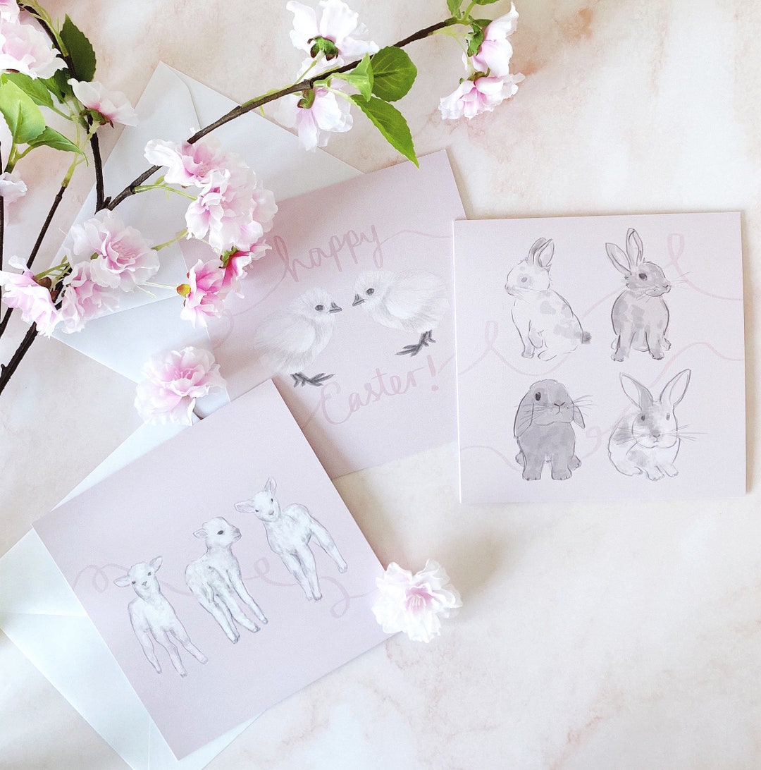 Pink Easter Cards Set Spring Baby Animal Illustration Easter Lamb ...