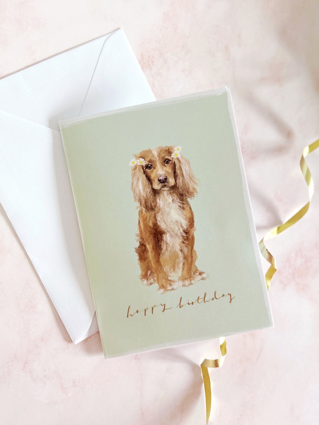 Cocker Spaniel Birthday Card Golden Working Cocker Spaniels Dog Illustration Greetings Card Dog ...