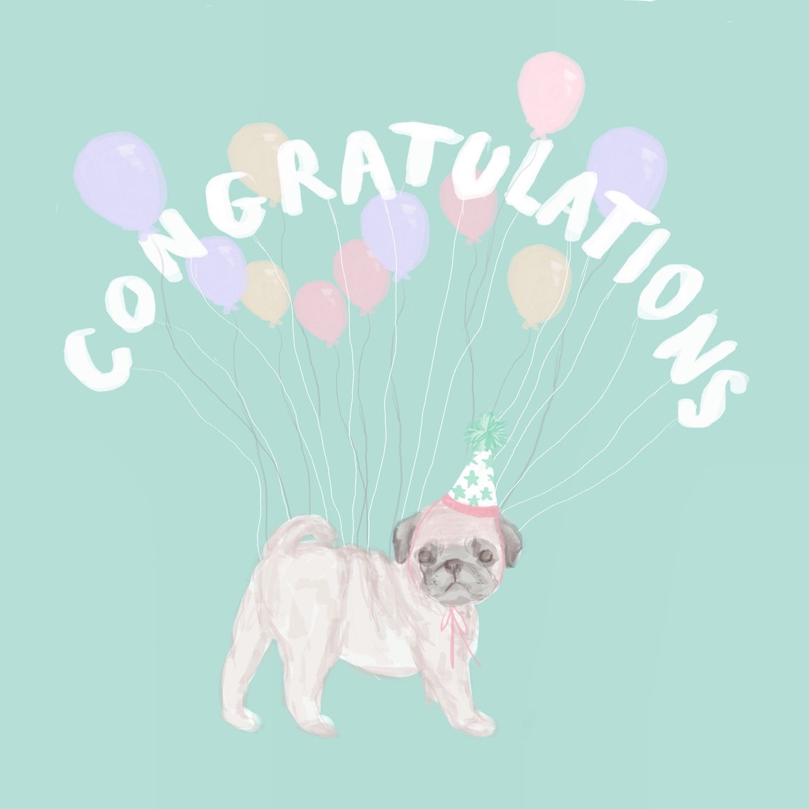Pug Congratulations Greetings card pug illustration hand | Etsy