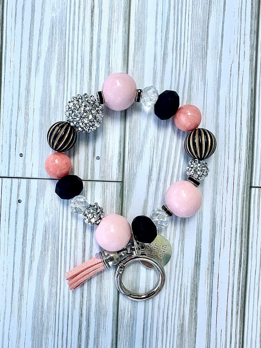 Beaded Stretch Keychain in Pink and Black - Etsy
