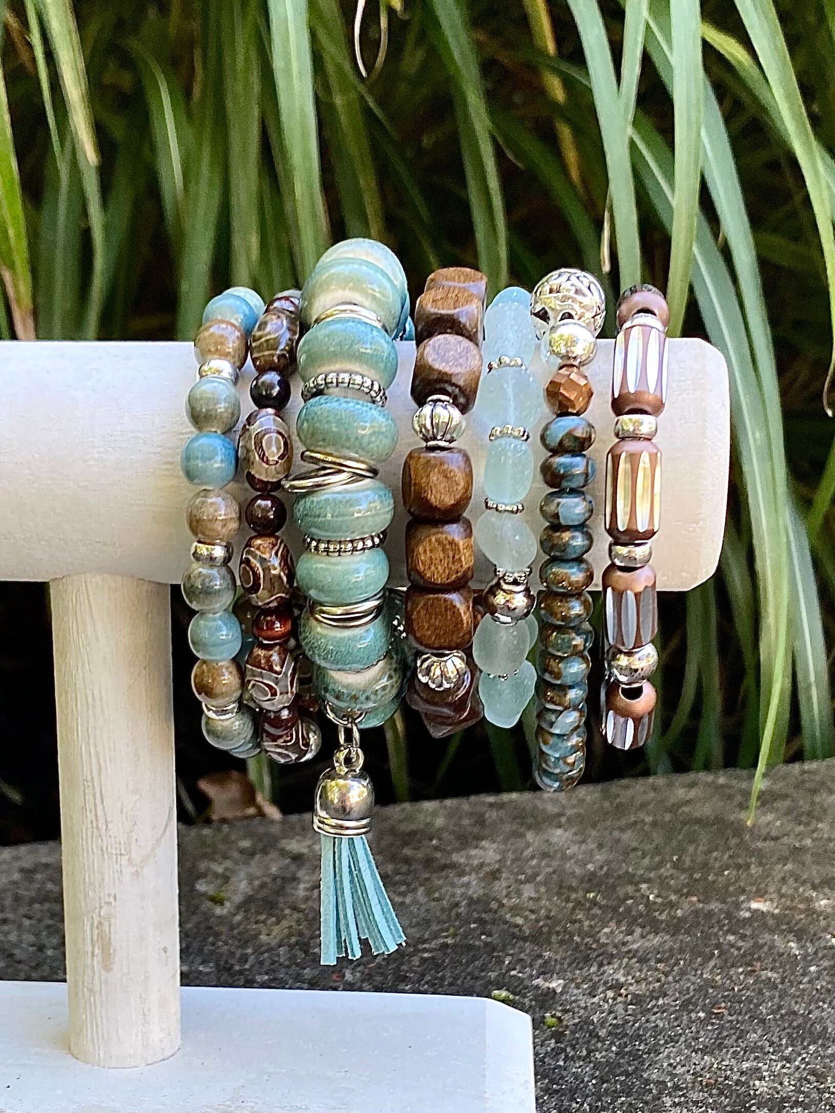 Stackable Beaded, Multilayered , Stretch Bracelet in Brown and a Bluish ...