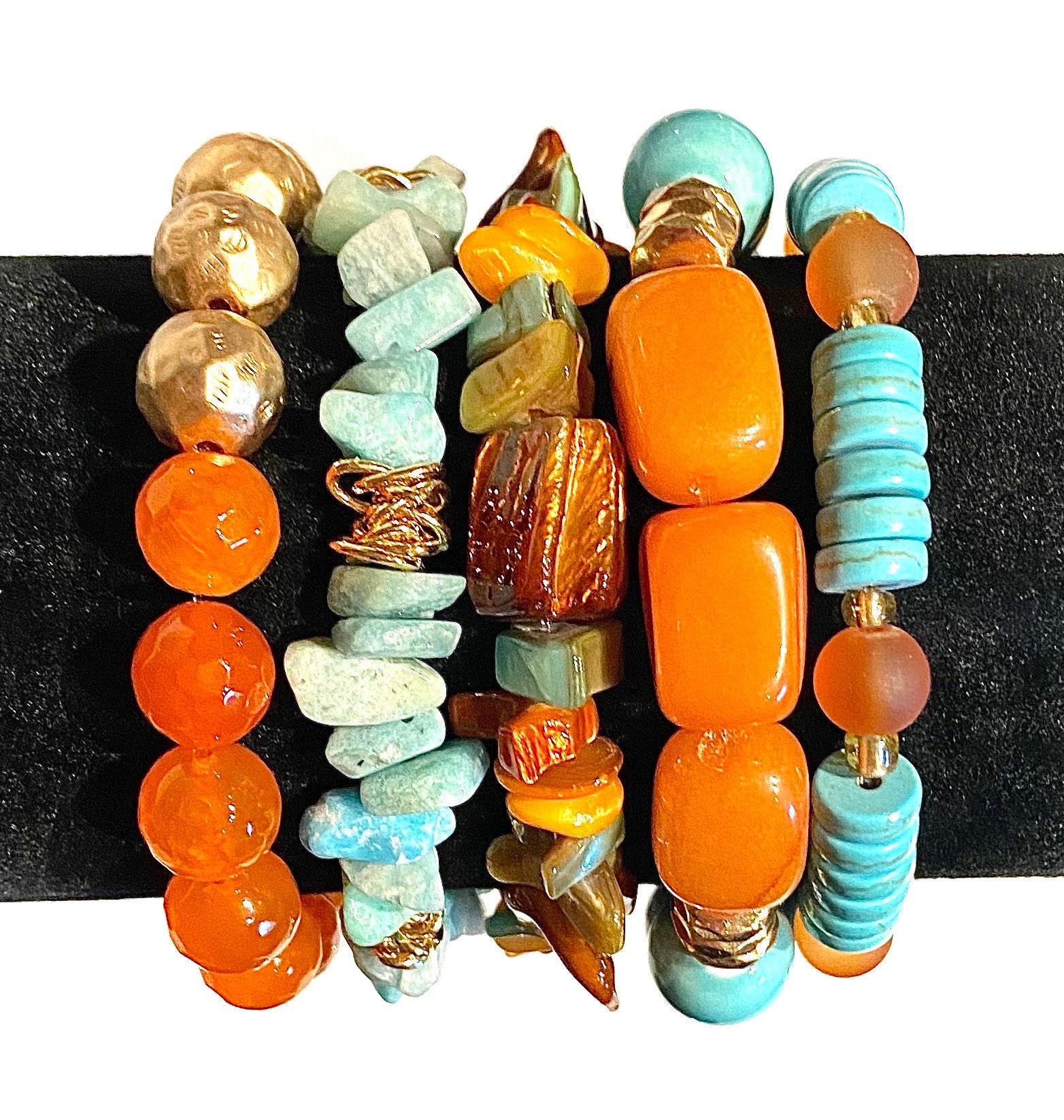 Stackable Beaded Multilayered Stretch Bracelet in Turquoise and Orange ...