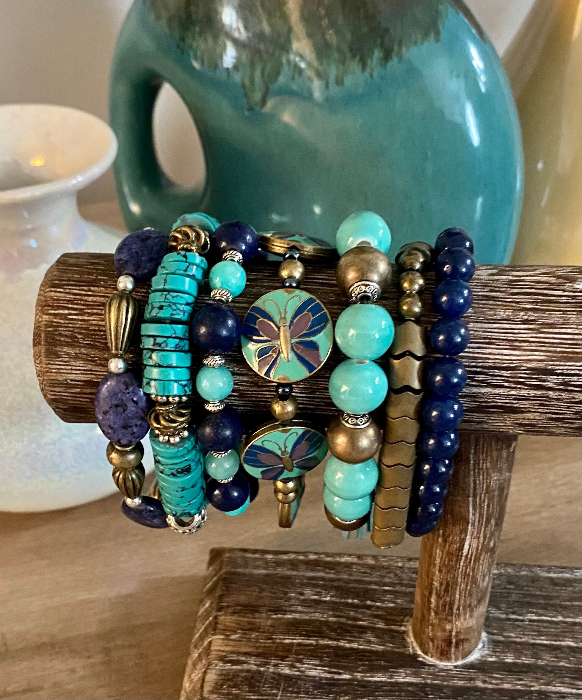 Stackable Beaded Stretch Multilayered Stretch Bracelet in Navy and ...
