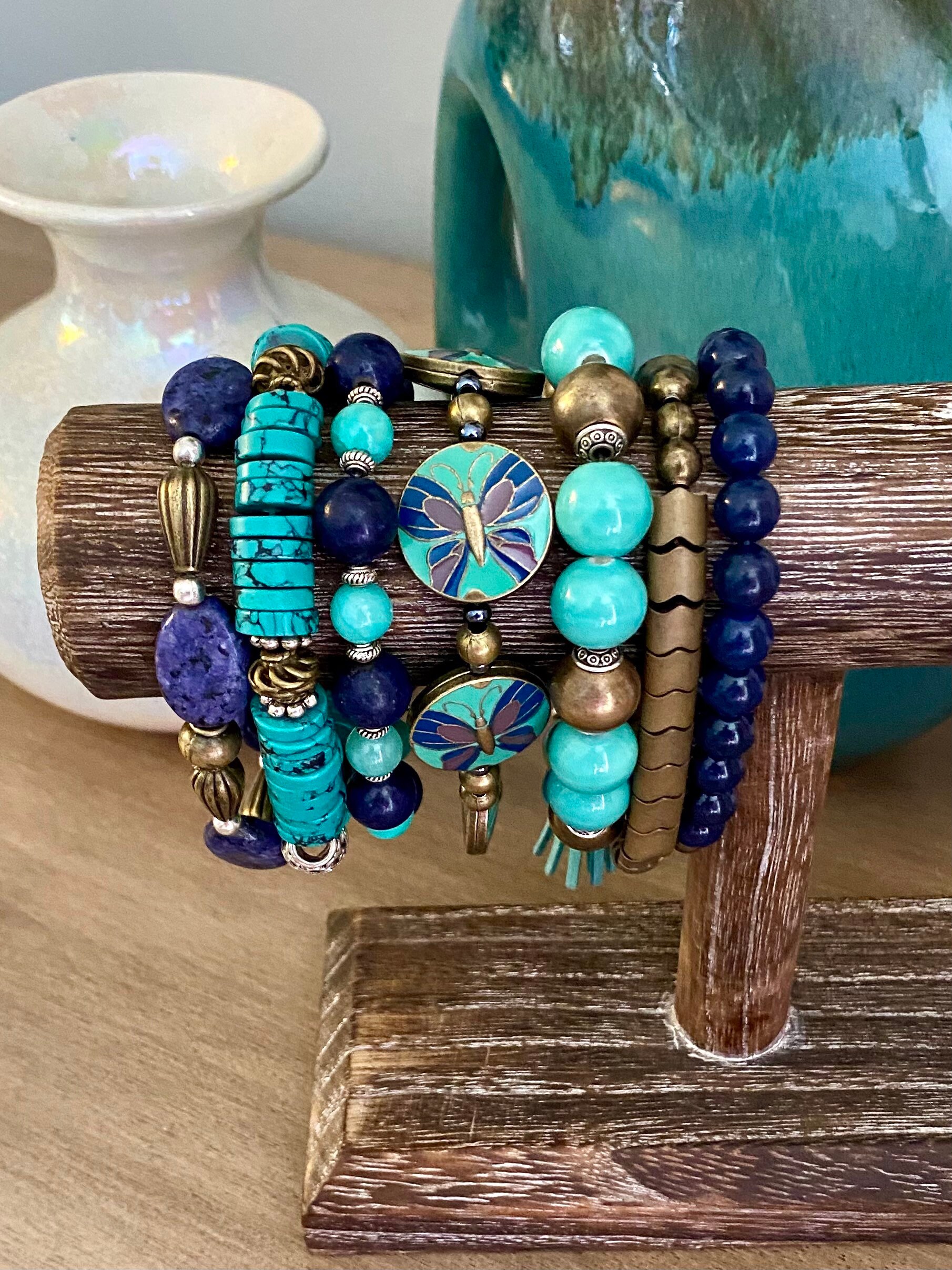 Stackable Beaded Stretch Multilayered Stretch Bracelet in Navy and ...
