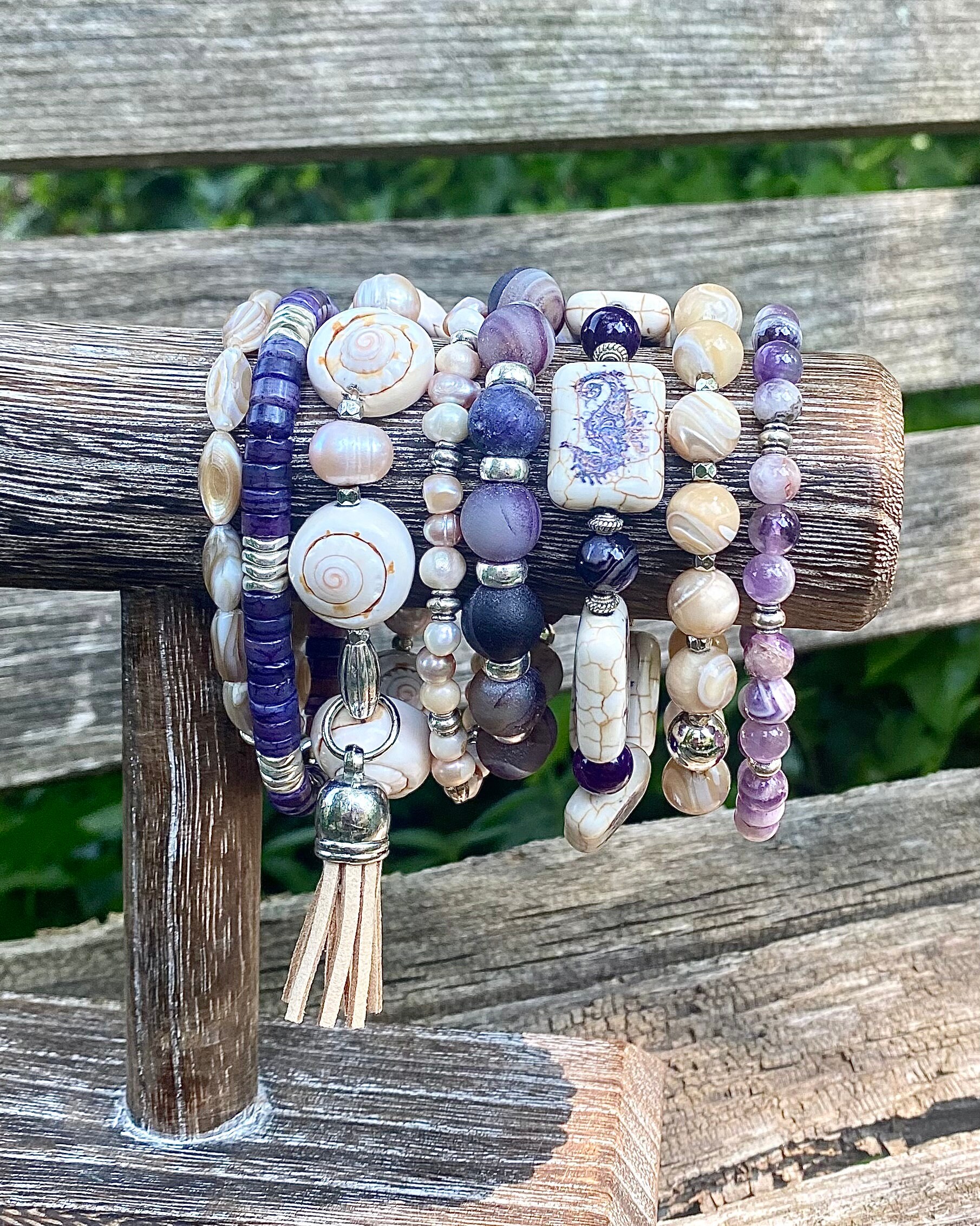 Seahorse and Seashell Stackable Multilayered Beaded Stretch Bracelet in Purple and Ivory Tones ...