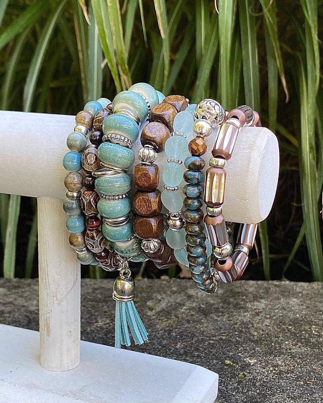 Stackable Beaded, Multilayered , Stretch Bracelet in Brown and a Bluish ...