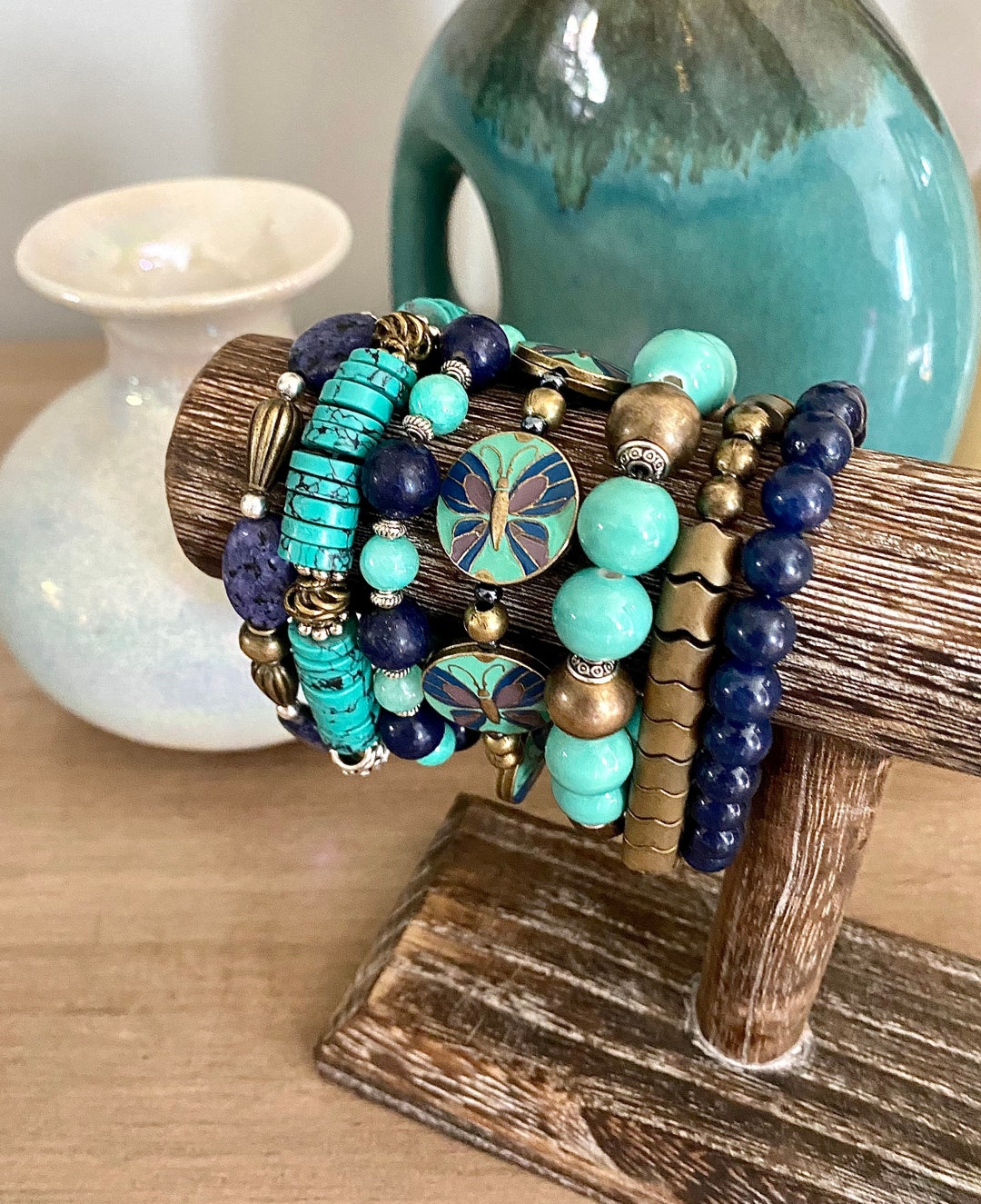 Stackable Beaded Stretch Multilayered Stretch Bracelet in Navy and ...