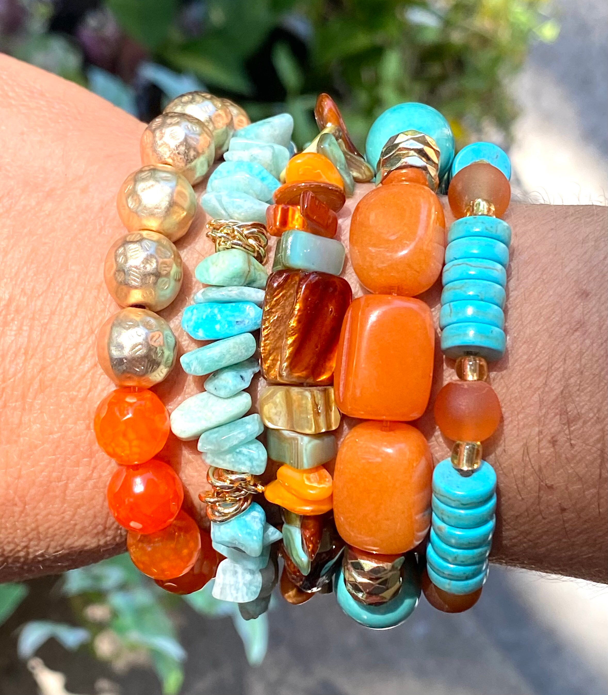 Stackable Beaded Multilayered Stretch Bracelet in Turquoise and Orange ...