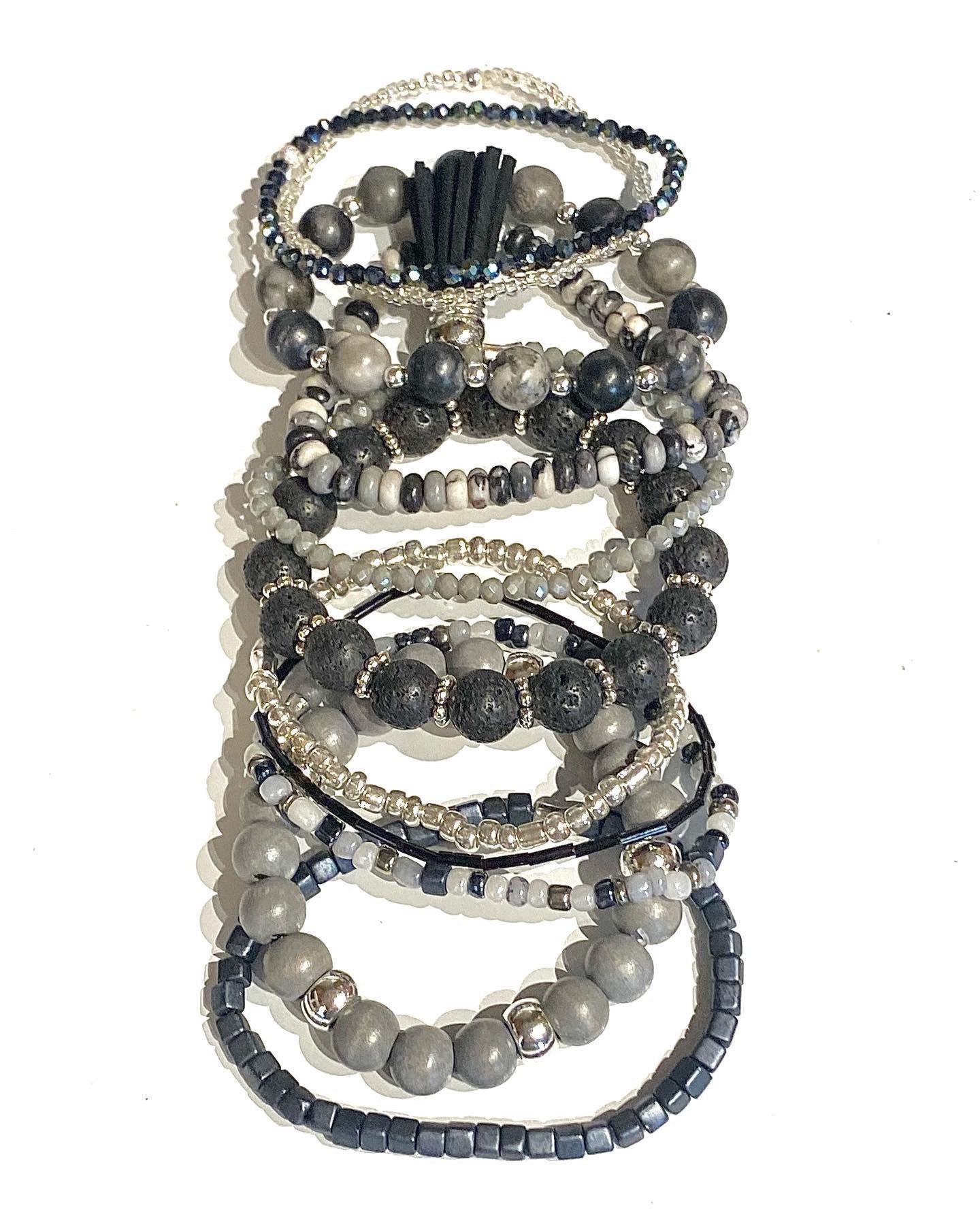 Stackable Beaded Multilayered Stretch Bracelet in Black and Gray Tones ...