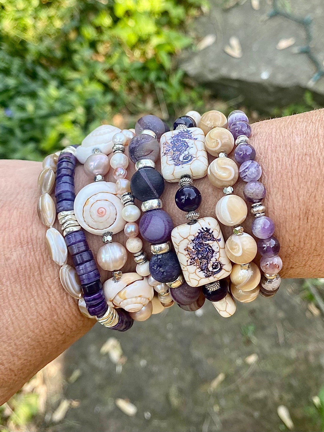 Seahorse and Seashell Stackable Multilayered Beaded Stretch Bracelet in Purple and Ivory Tones ...