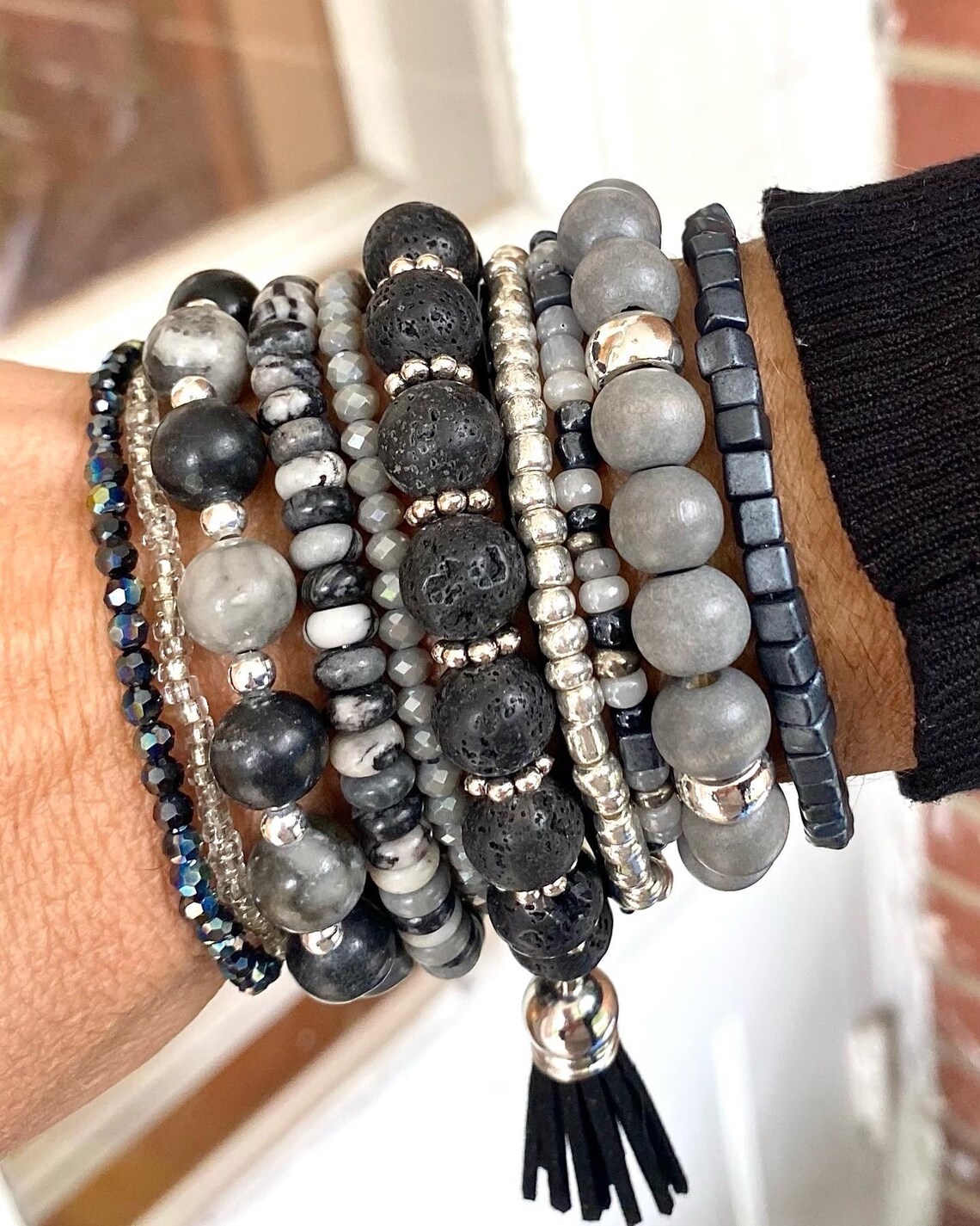 Stackable Beaded Multilayered Stretch Bracelet in Black and Gray Tones ...