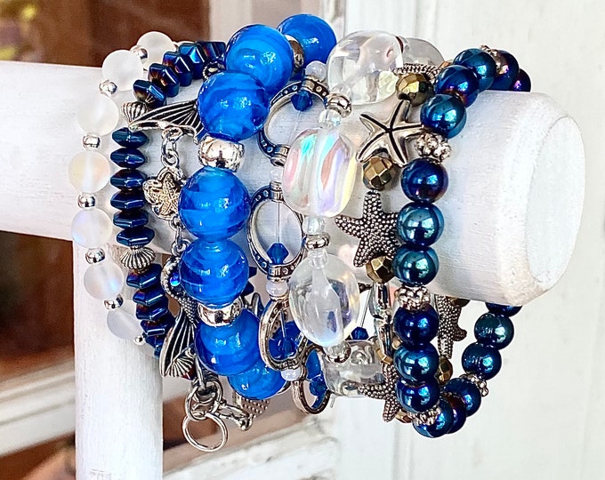 Stackable Beaded Multilayered Stretch Bracelet in Blue and White. Beach ...
