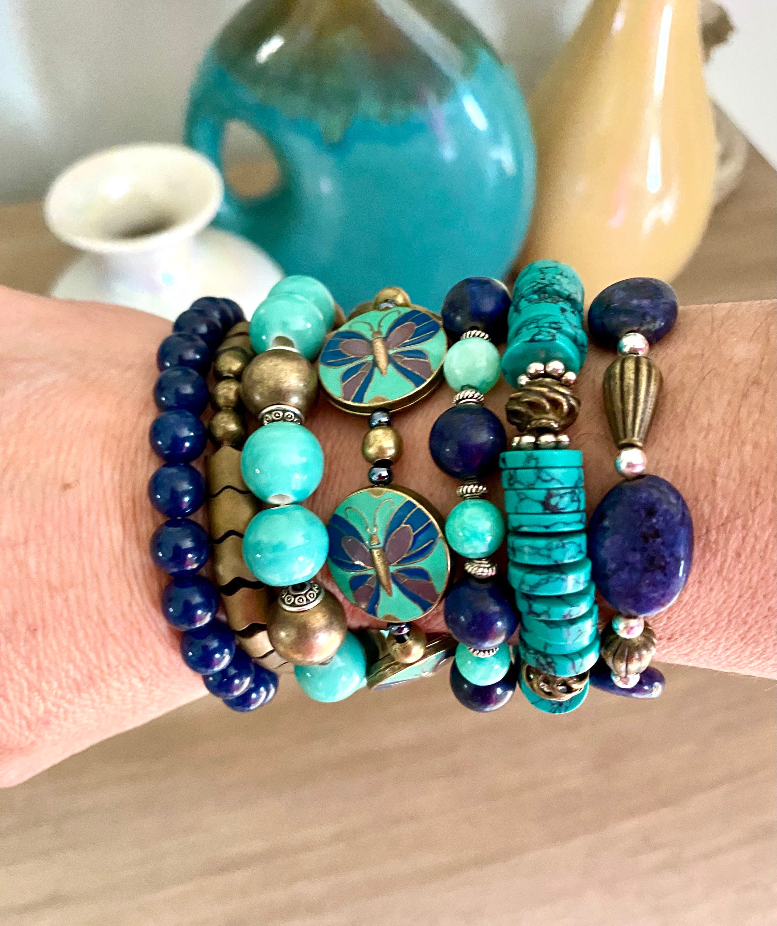 Stackable Beaded Stretch Multilayered Stretch Bracelet in Navy and ...