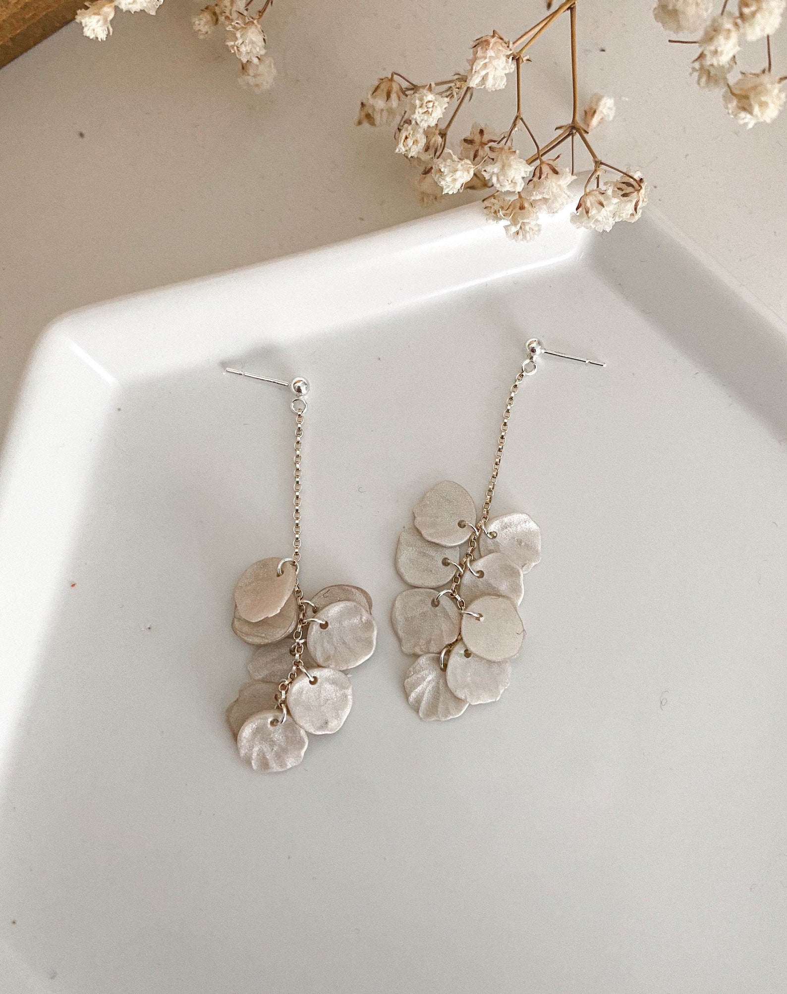 The Shonda in Pearl, Tiny Dangling Petals, Dangle Earrings, Polymer ...