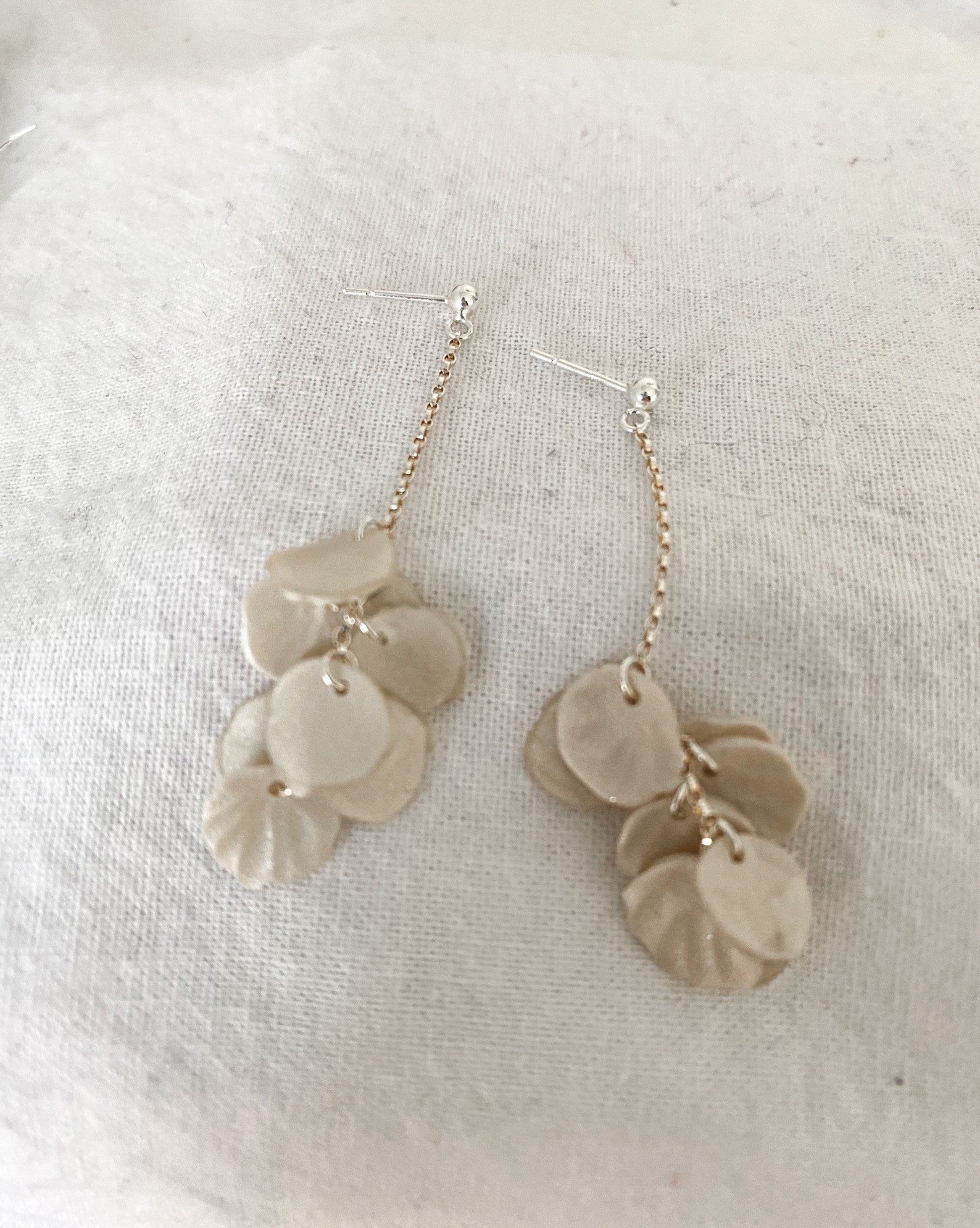 The Shonda in Pearl, Tiny Dangling Petals, Dangle Earrings, Polymer ...