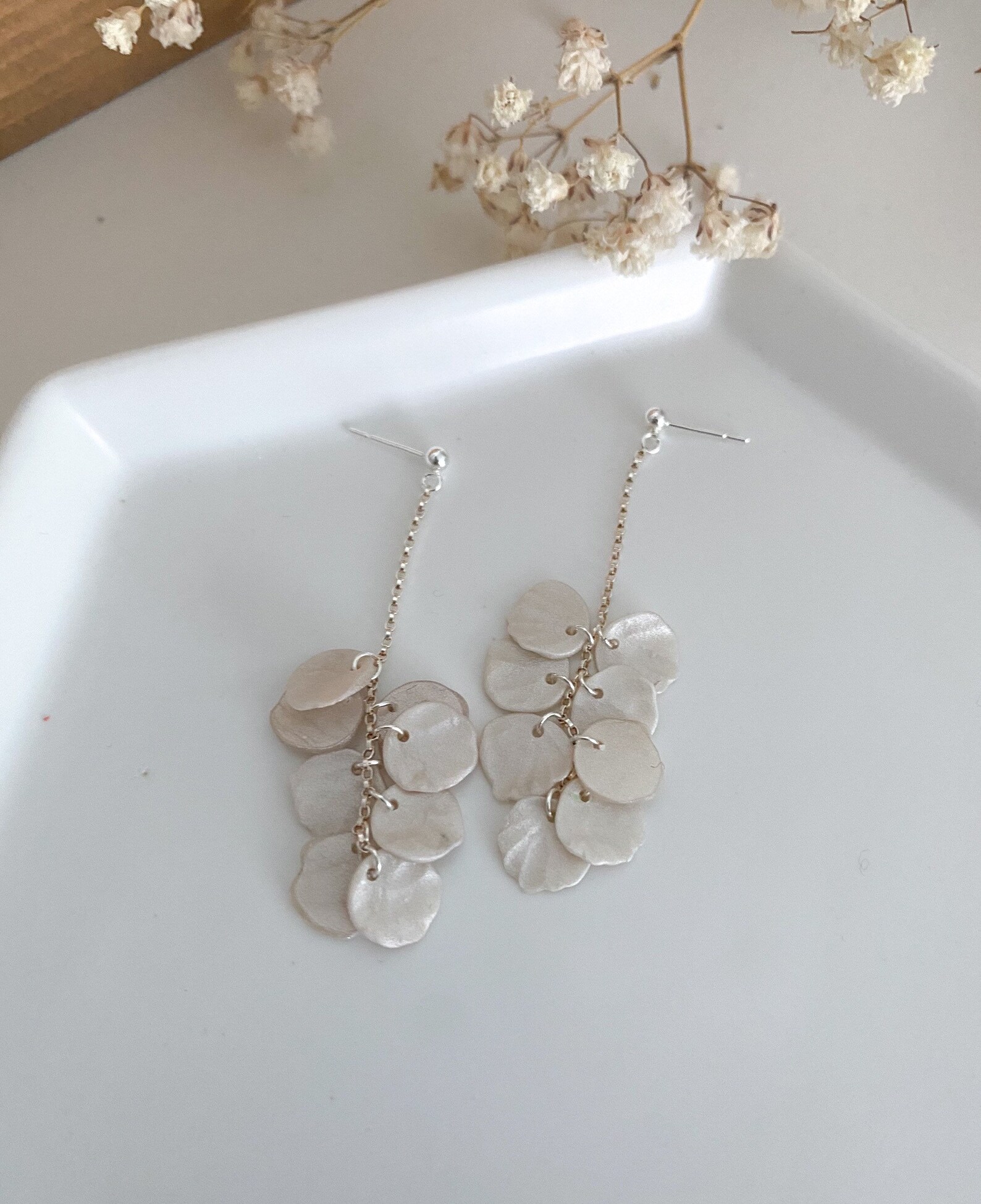 The Shonda in Pearl, Tiny Dangling Petals, Dangle Earrings, Polymer ...