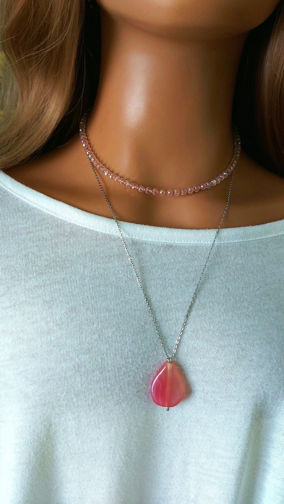 Collar en capas de cuarzo rosa, collar de gargantilla rosa, regalo para ...