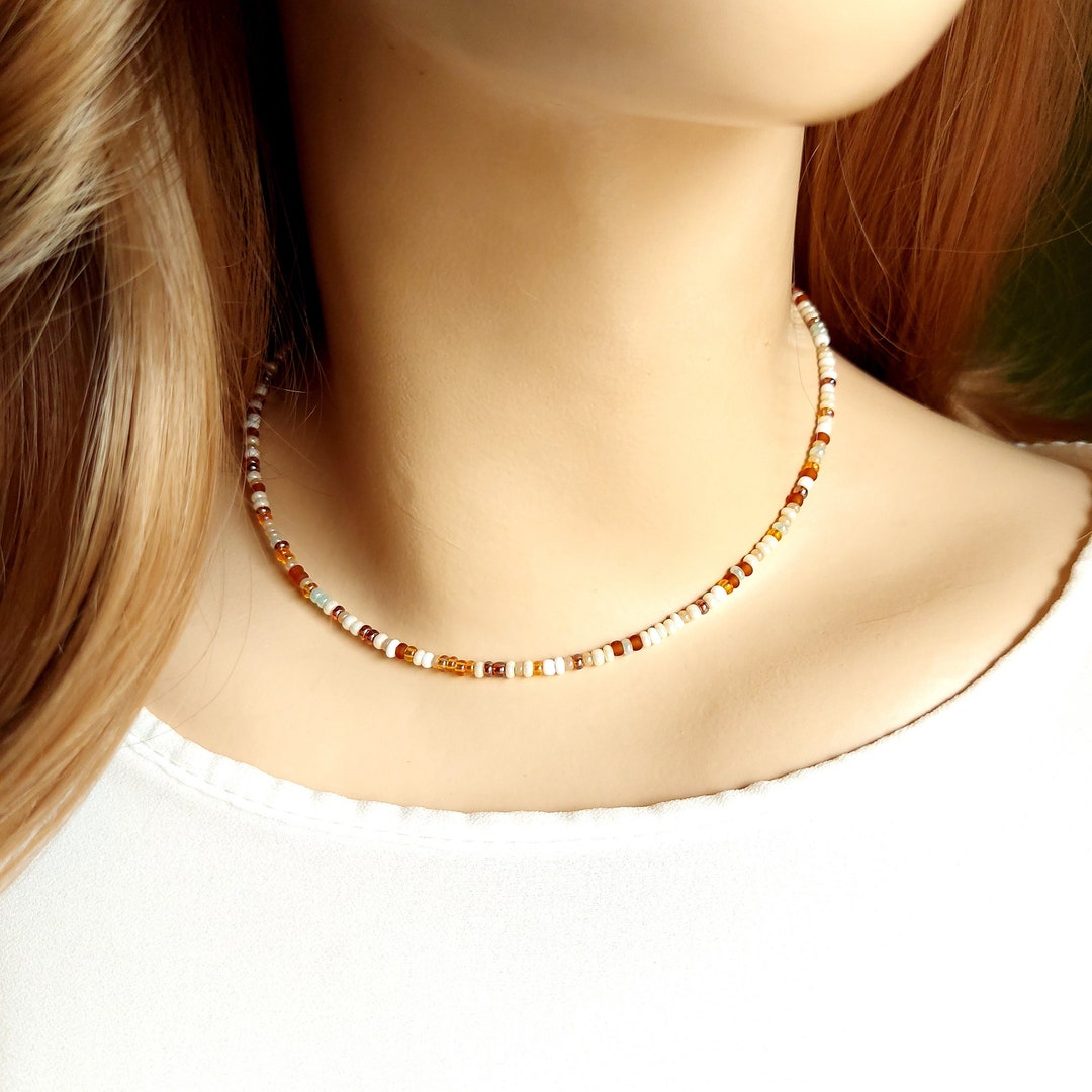 Multi Color Seed Bead Necklace, Colorful Bead Layering Necklace, White ...