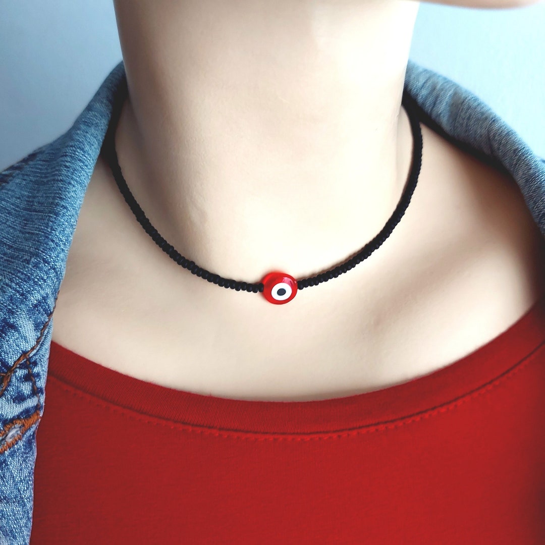 Black Matte Boho Necklace, Red Evil Eye Protection Necklace, Dainty ...