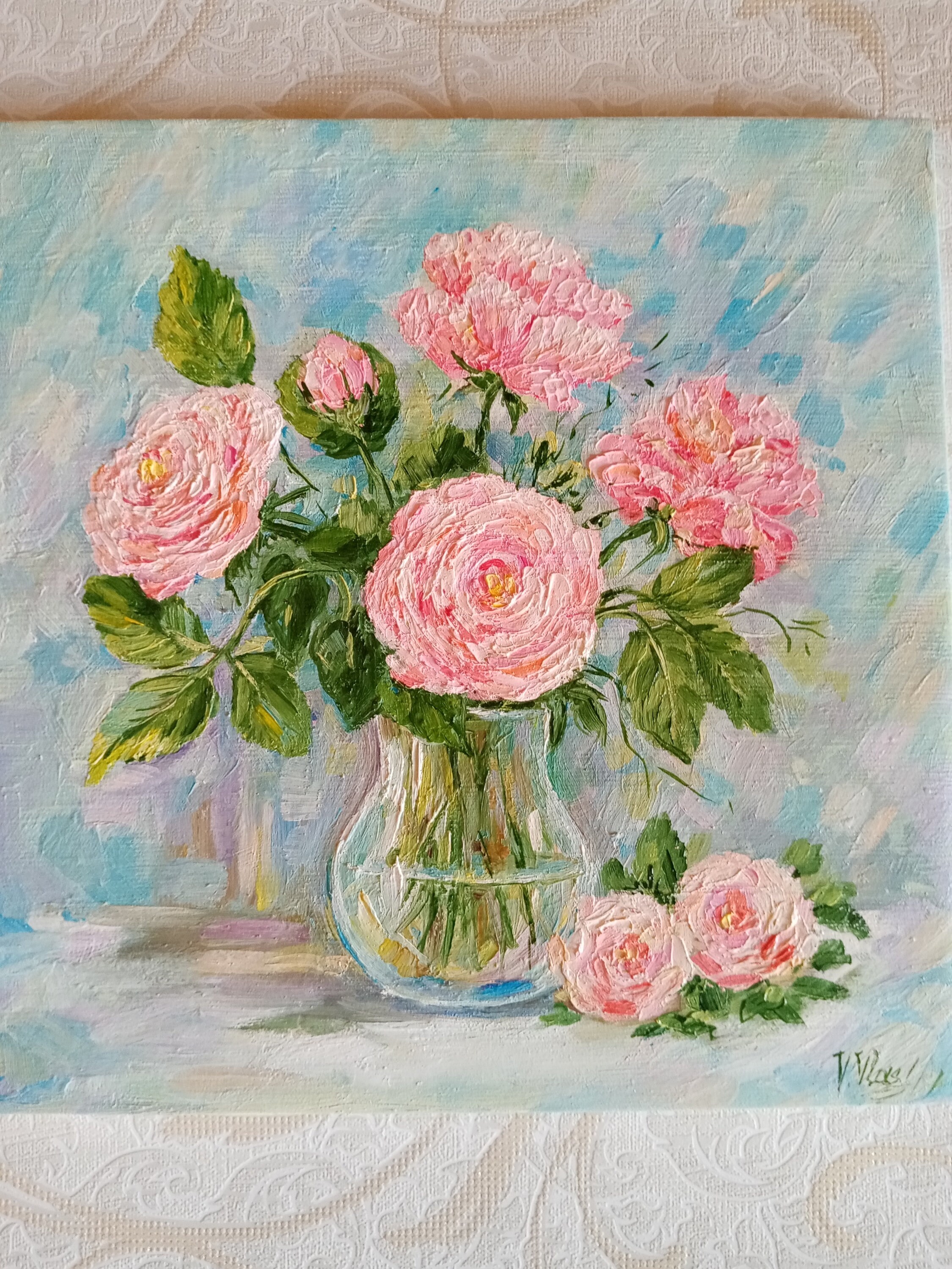 Pink Roses. Original Oil Painting on Stretches Canvas in a Frame ...