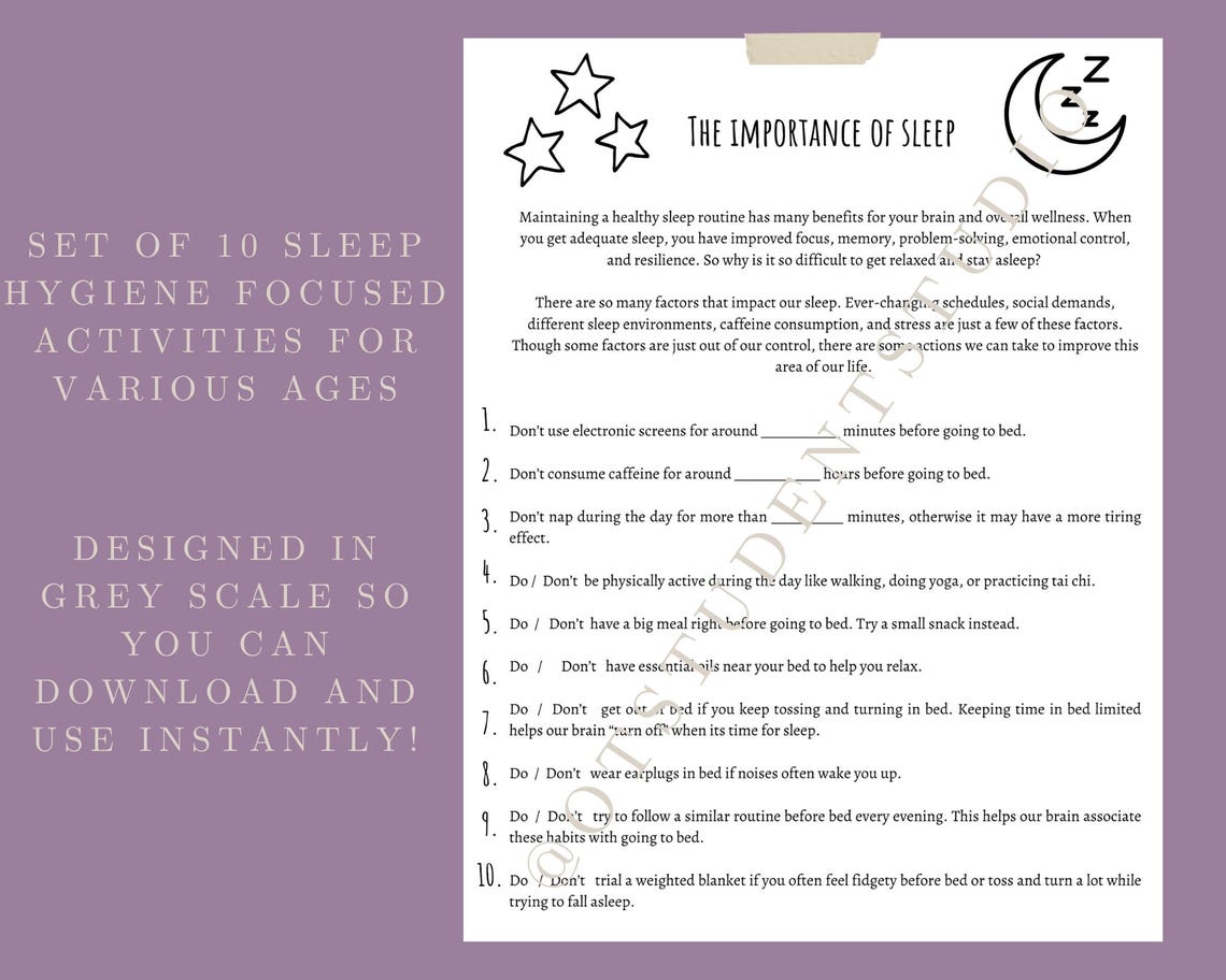 Sleep Hygiene Handout: Healthy Night Routine, Coping Skills (printable ...