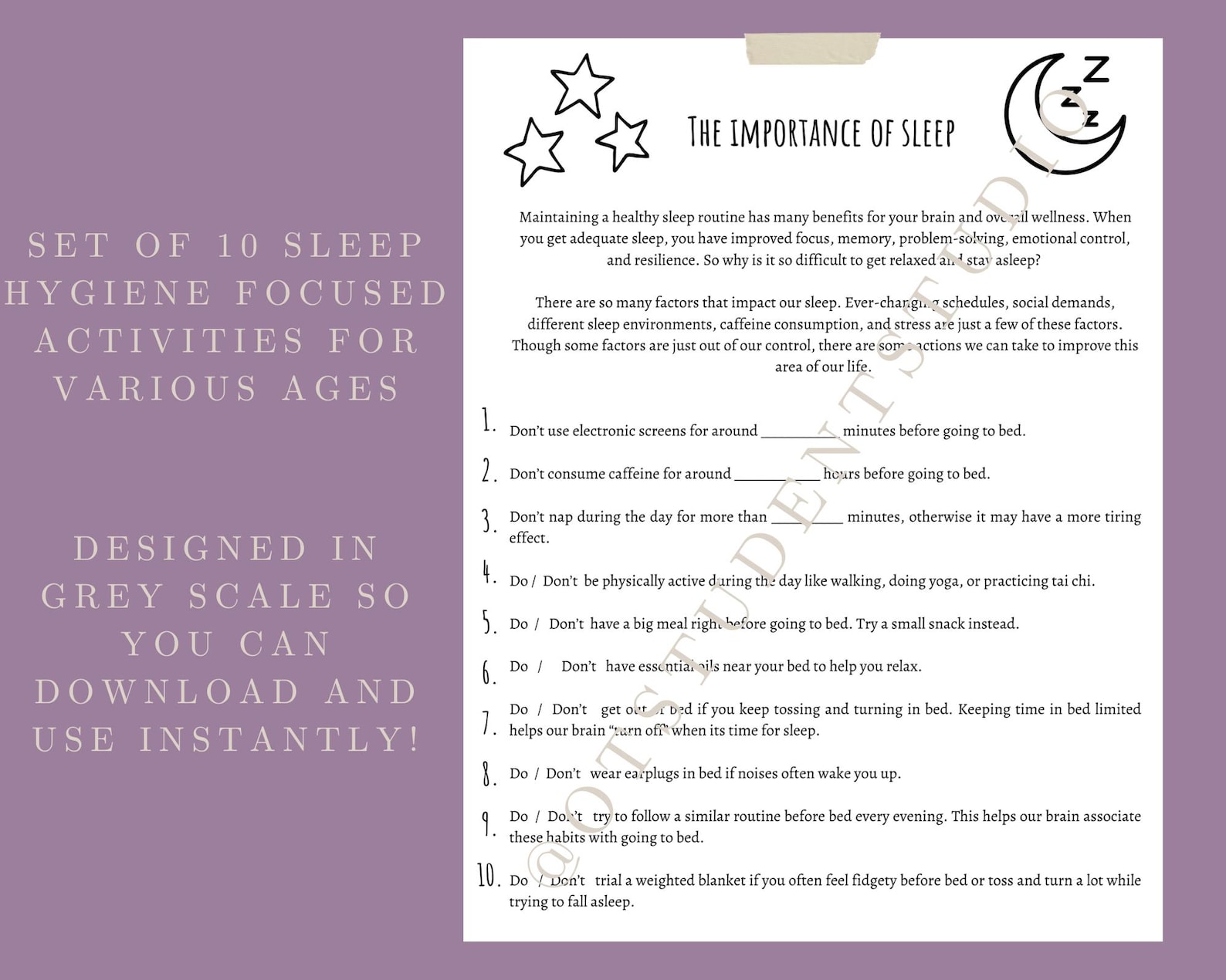 Sleep Hygiene Handout: Healthy Night Routine, Coping Skills (printable ...