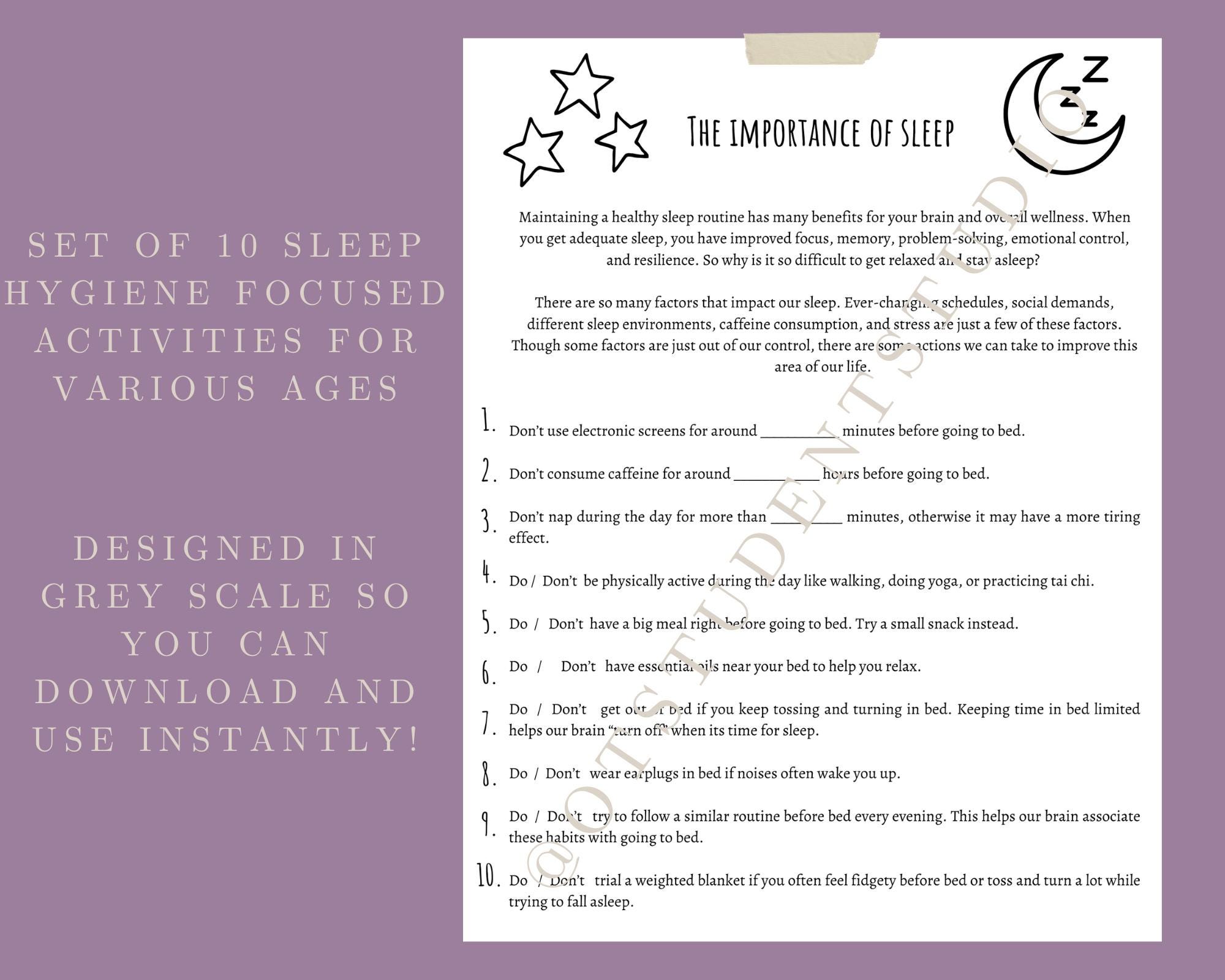 Sleep Hygiene Handout: Healthy Night Routine, Coping Skills (printable ...