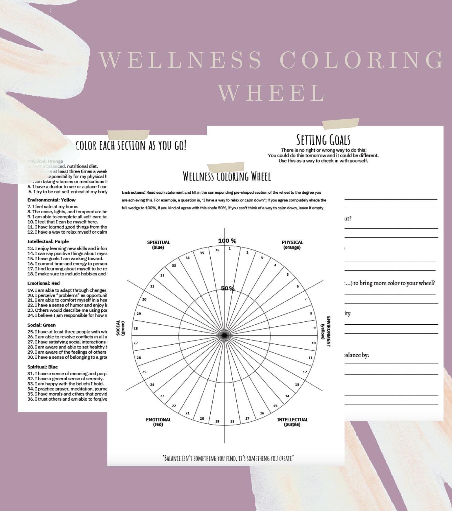 Wellness Coloring Wheel Activity, Setting Goals Activity, Areas of ...